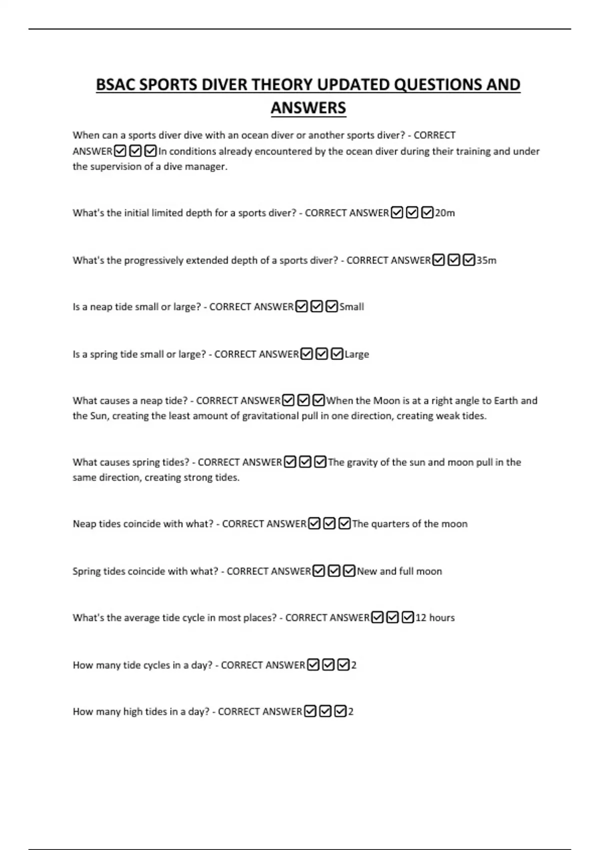 BSAC SPORTS DIVER THEORY UPDATED QUESTIONS AND ANSWERS - BSAC - Stuvia US