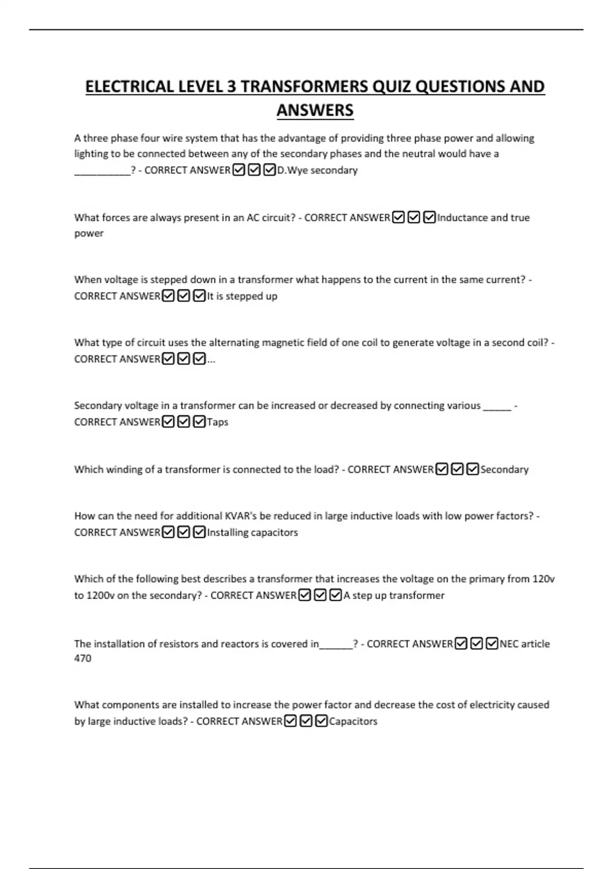 ELECTRICAL LEVEL 3 TRANSFORMERS QUIZ QUESTIONS AND ANSWERS - ELECTRICAL ...