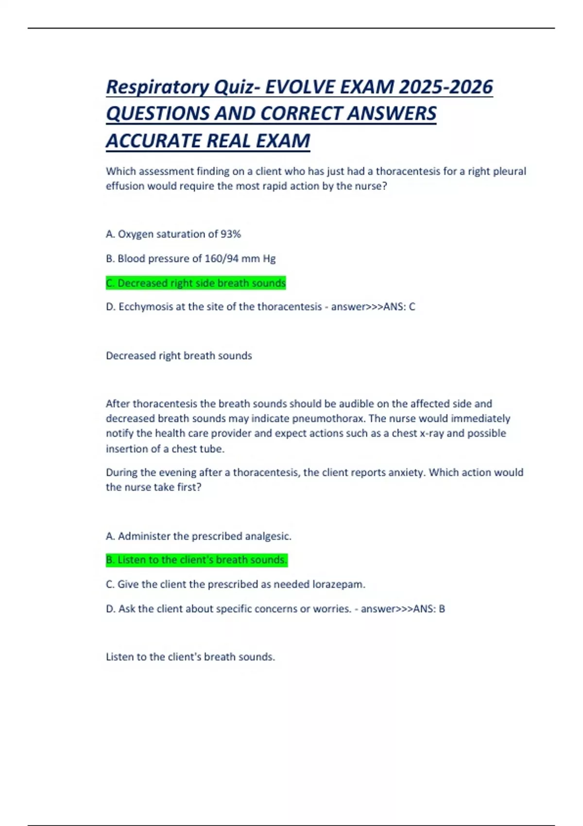 Respiratory Quiz – EVOLVE Exam 2025–2026 – Real Exam Questions and ...