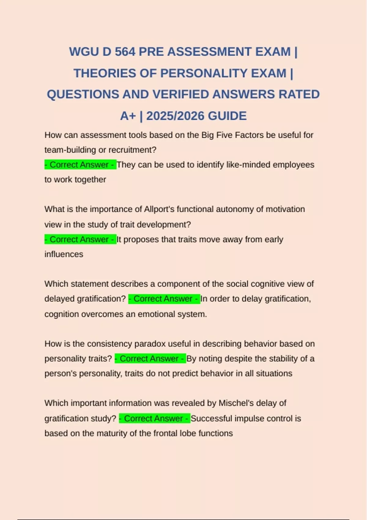 WGU D 564 PRE ASSESSMENT EXAM | THEORIES OF PERSONALITY EXAM | QUESTIONS AND VERIFIED ANSWERS ...