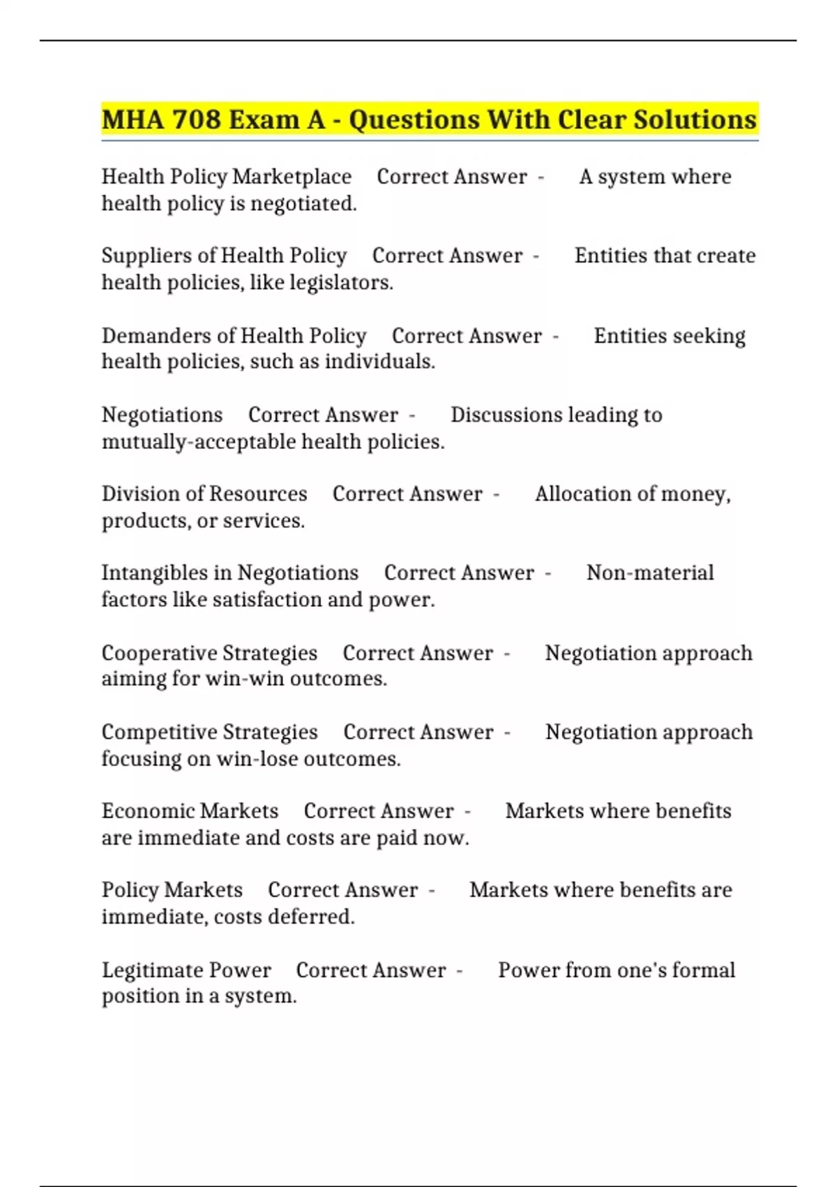 MHA 708 Exam A - Questions With Clear Solutions - MHA 708 - Stuvia US