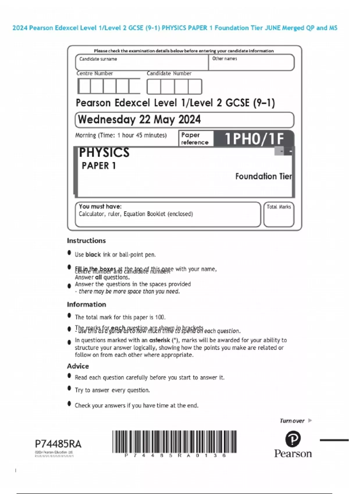 2024 Pearson Edexcel Level 1/Level 2 GCSE (9–1) PHYSICS PAPER 1 ...