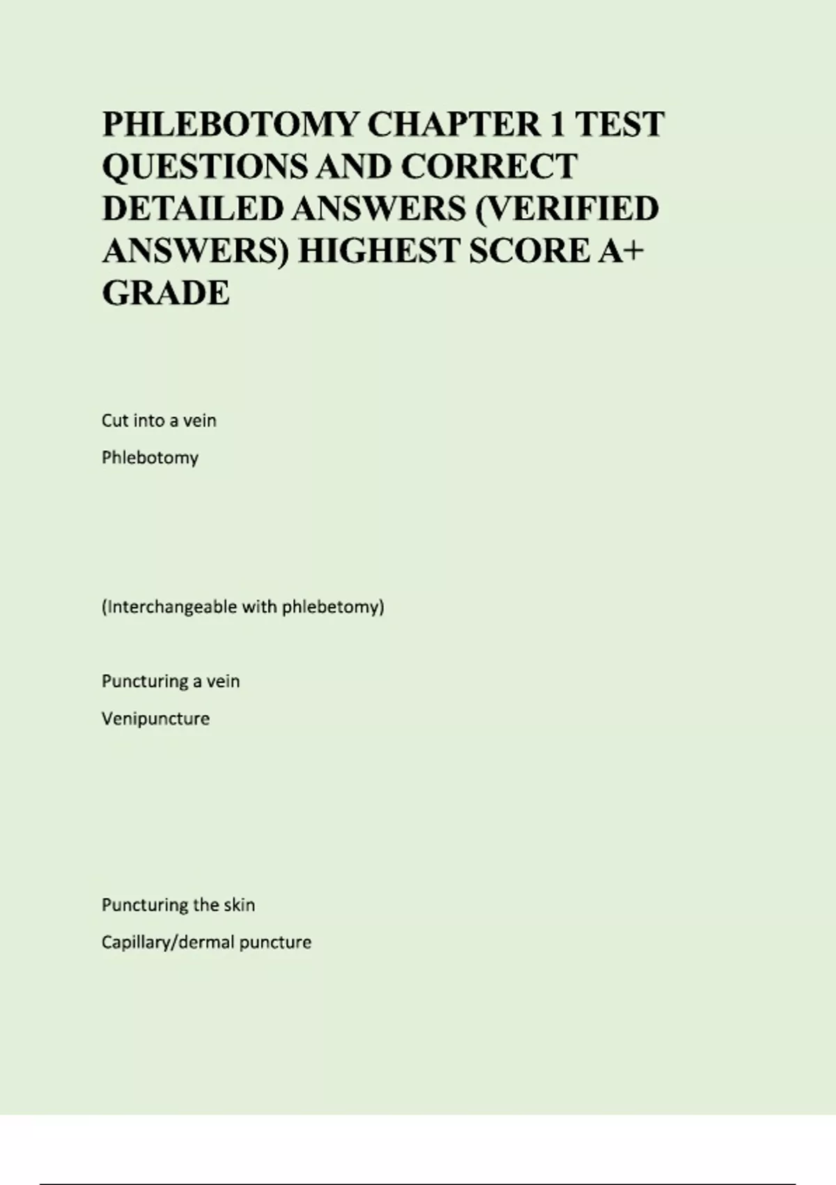 PHLEBOTOMY CHAPTER 1 QUESTIONS WITH ACTUAL ANSWERS {100% CORRECT} RATED A+ 100% DISTINCTION ...