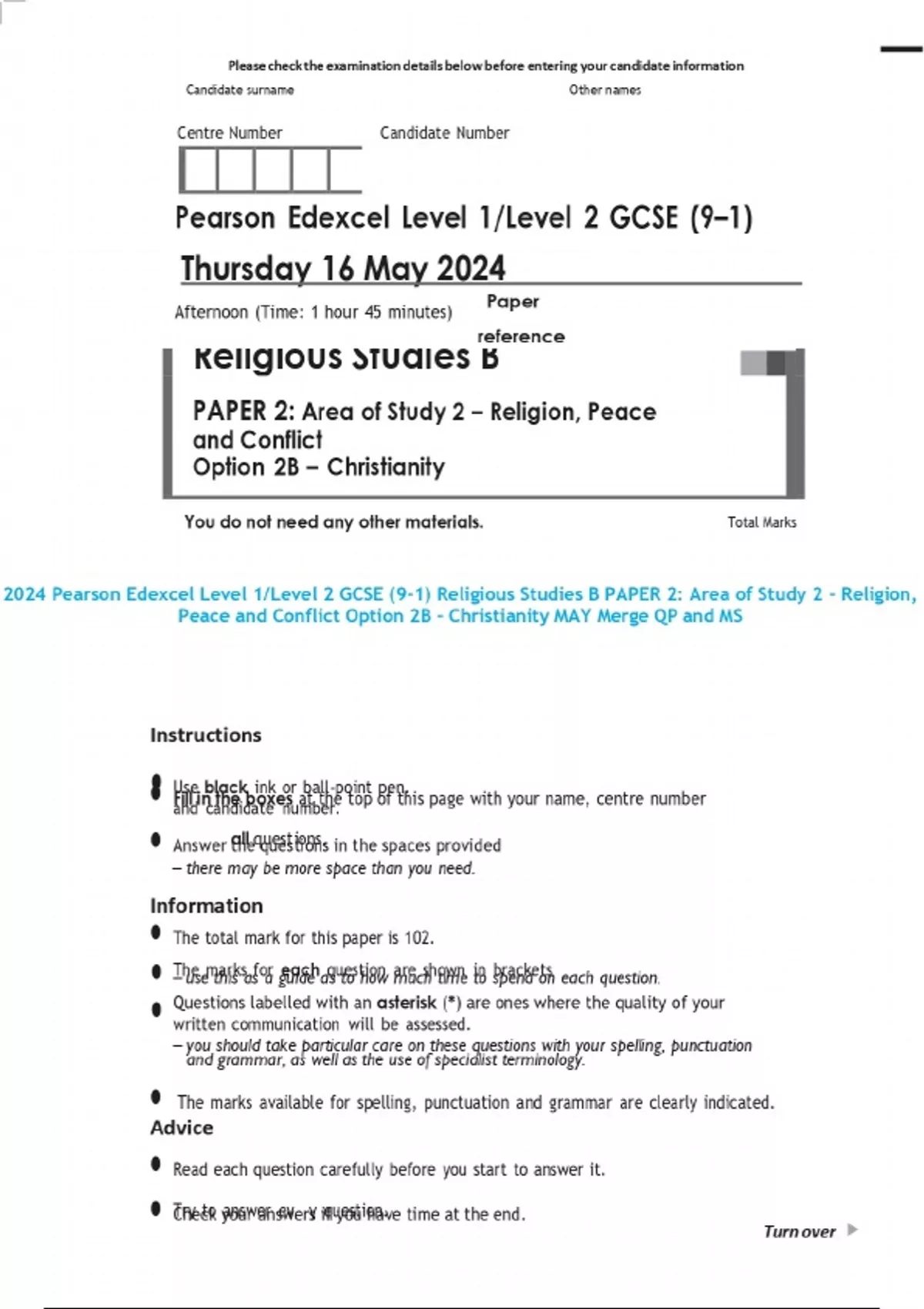 2024 Pearson Edexcel Level 1/Level 2 GCSE (9–1) Religious Studies B PAPER 2: Area of Study 2 ...