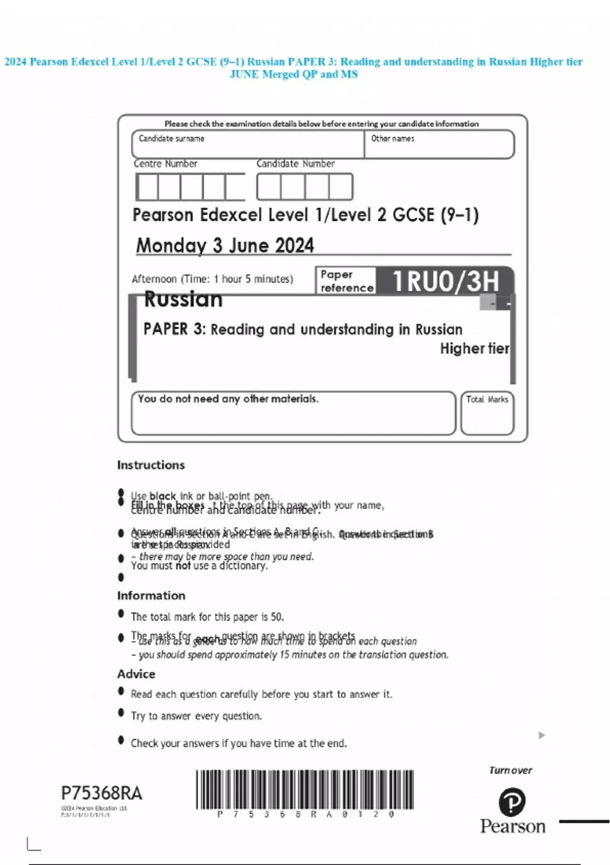 2024 Pearson Edexcel Level 1/Level 2 GCSE (9–1) Russian PAPER 3 ...