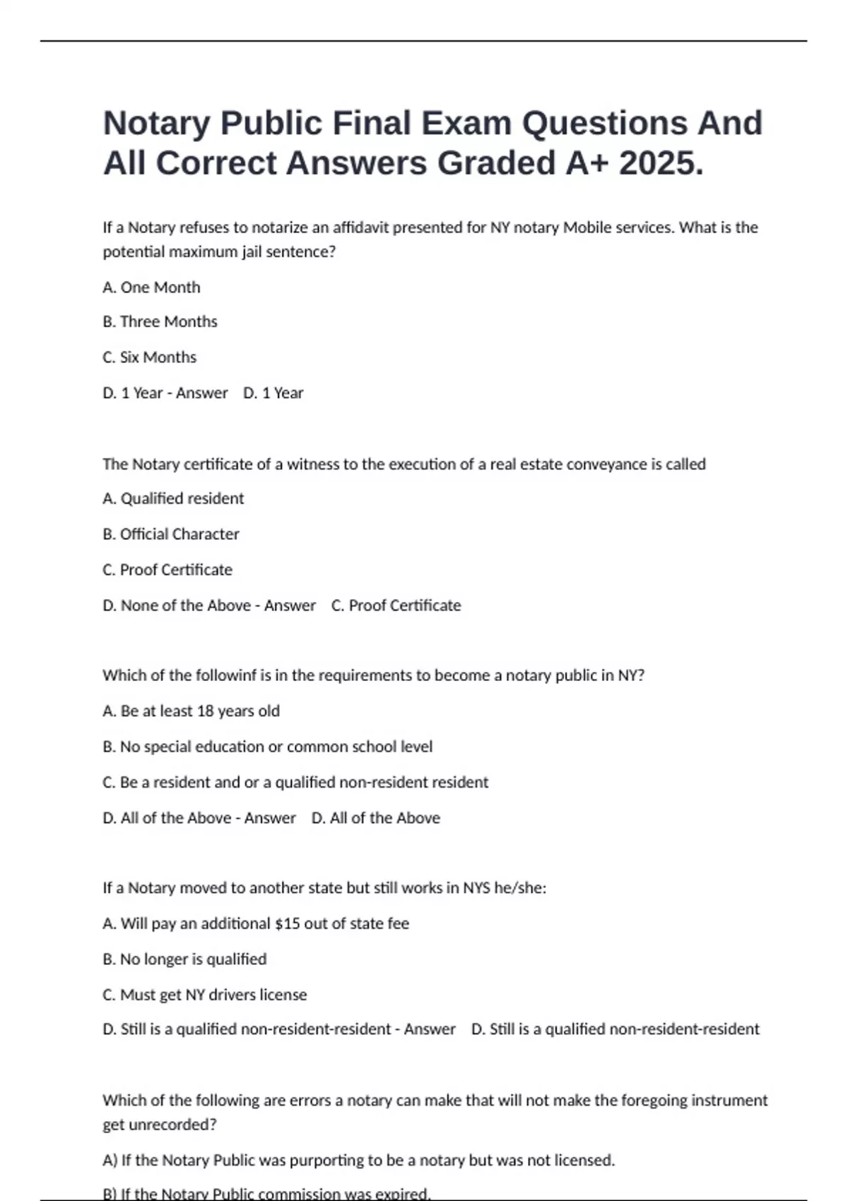 Notary Public Final Exam Questions And All Correct Answers Graded A+ ...