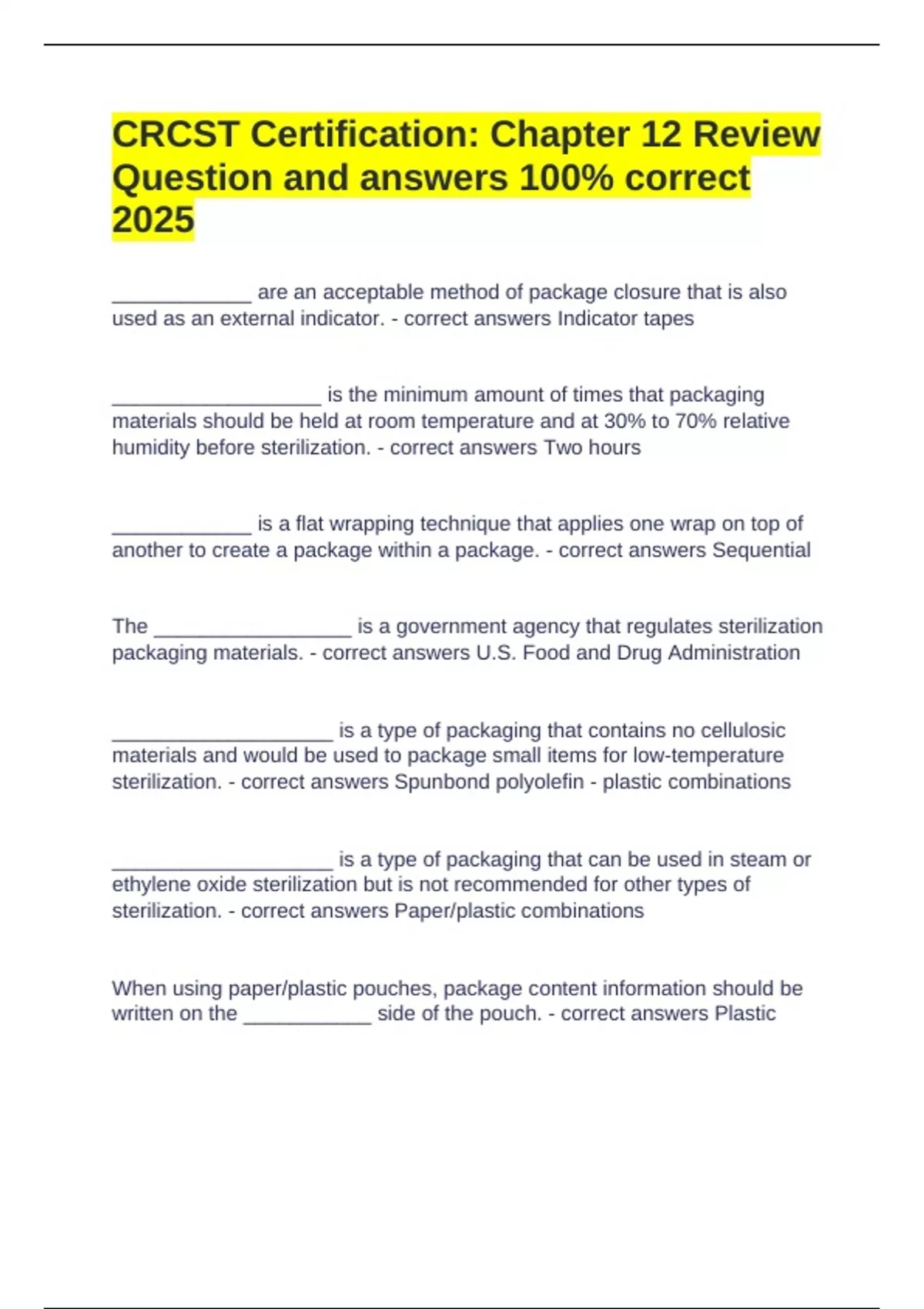 CRCST Certification: Chapter 12 Review Question and answers 100% ...