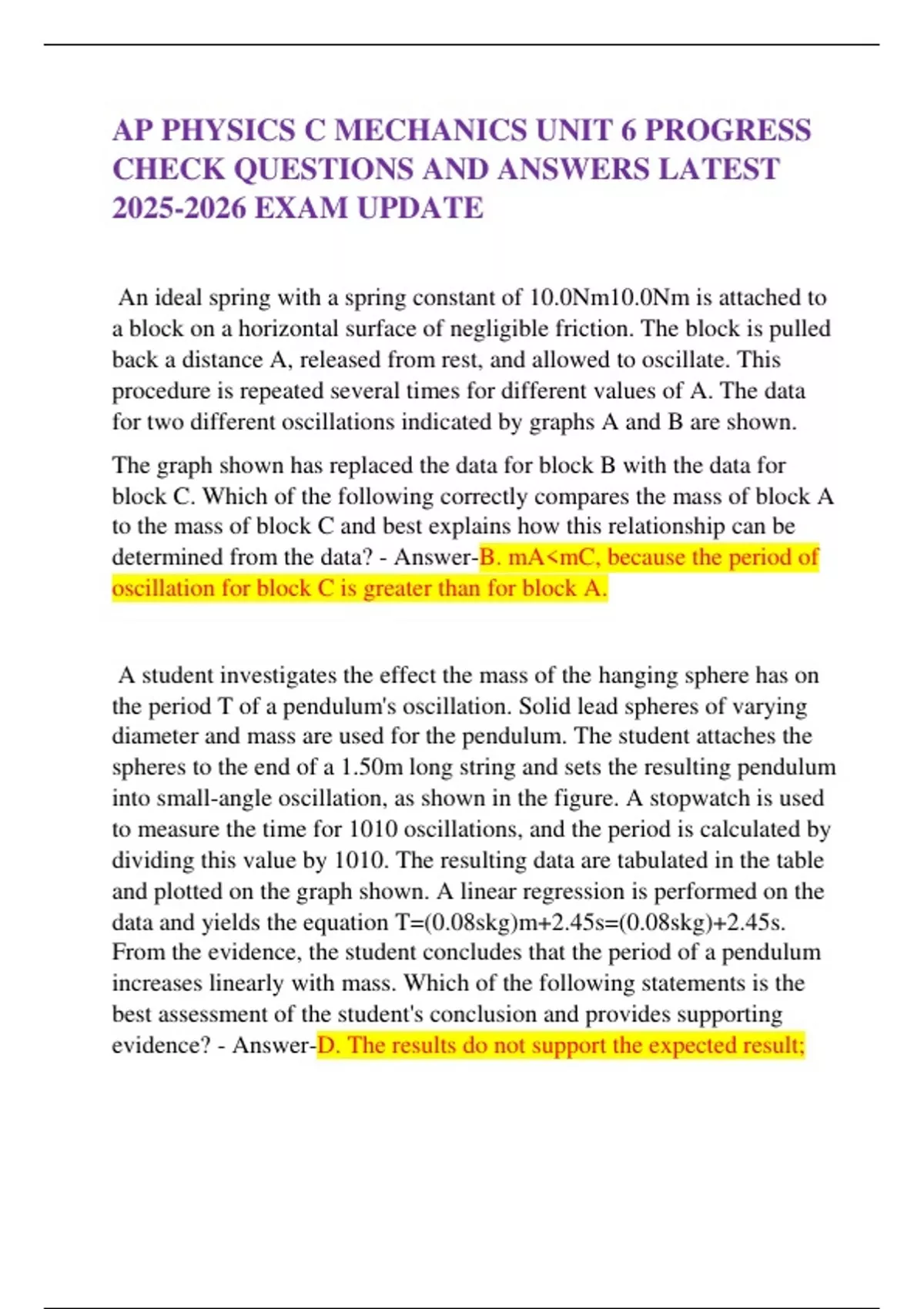 AP PHYSICS C MECHANICS UNIT 6 PROGRESS CHECK QUESTIONS AND ANSWERS ...