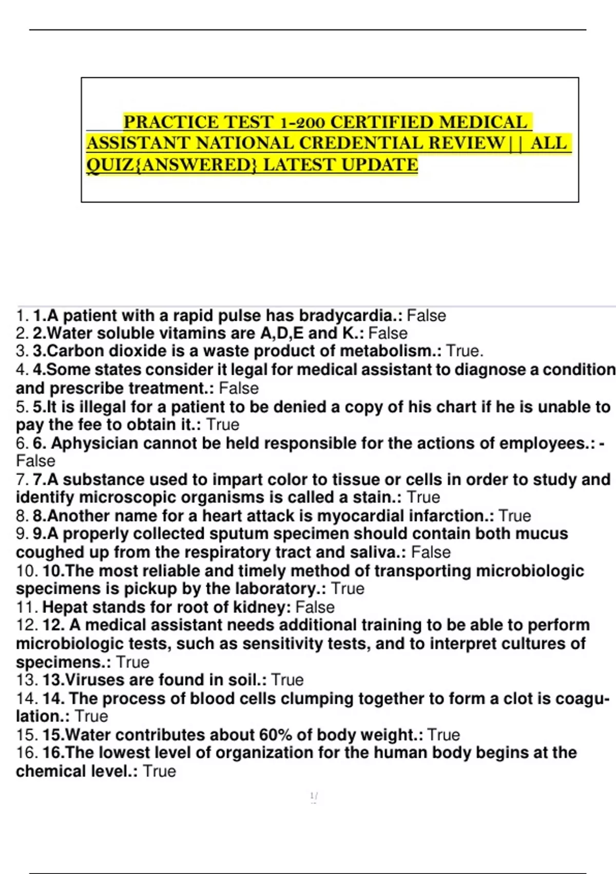 PRACTICE TEST 1-200 CERTIFIED MEDICAL ASSISTANT NATIONAL CREDENTIAL ...