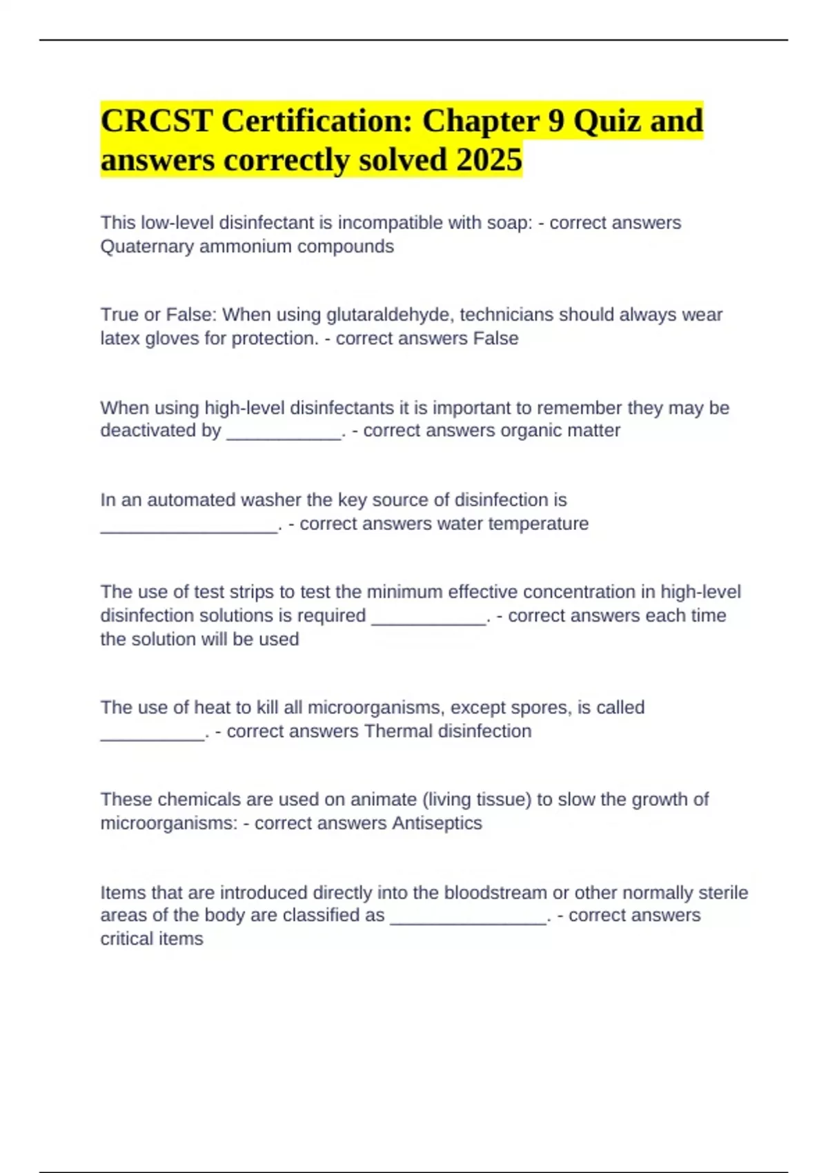 CRCST Certification: Chapter 9 Quiz and answers correctly solved 2025 ...