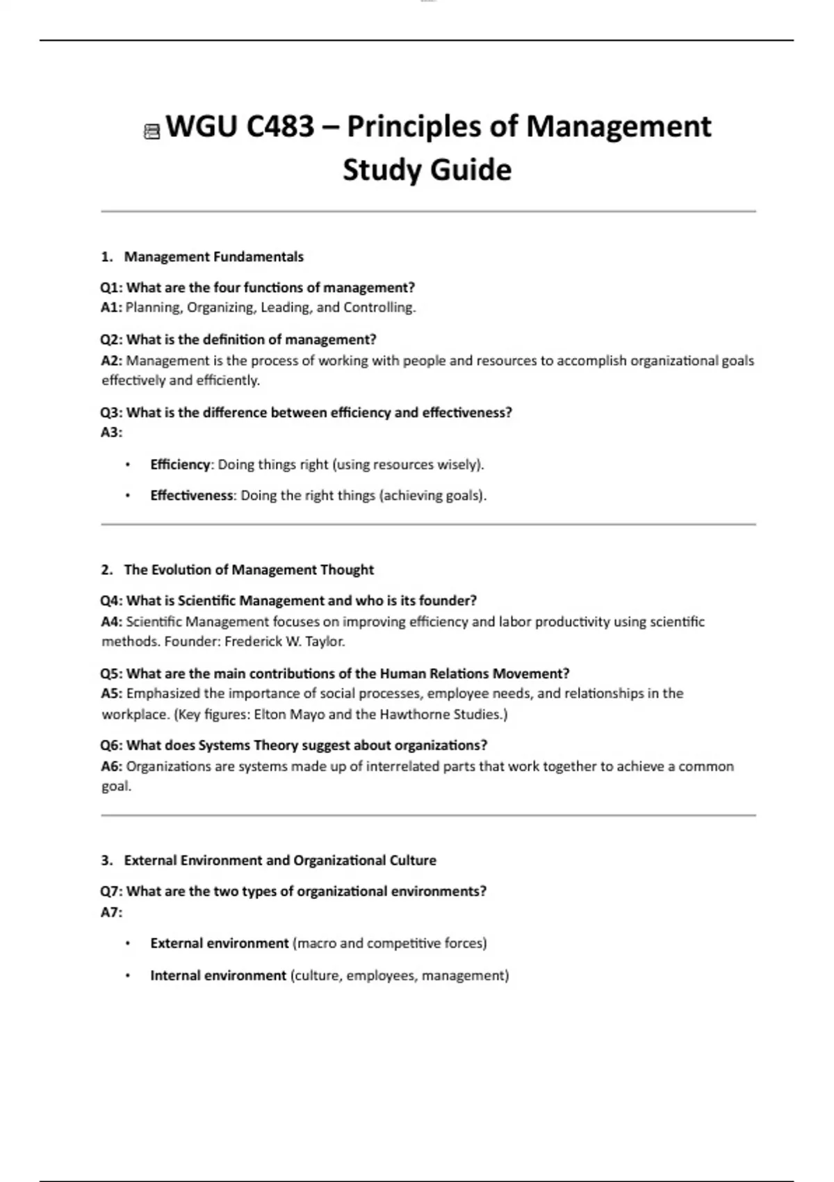 WGU C483 – Principles of Management Study Guide - WGU C783 - Stuvia US