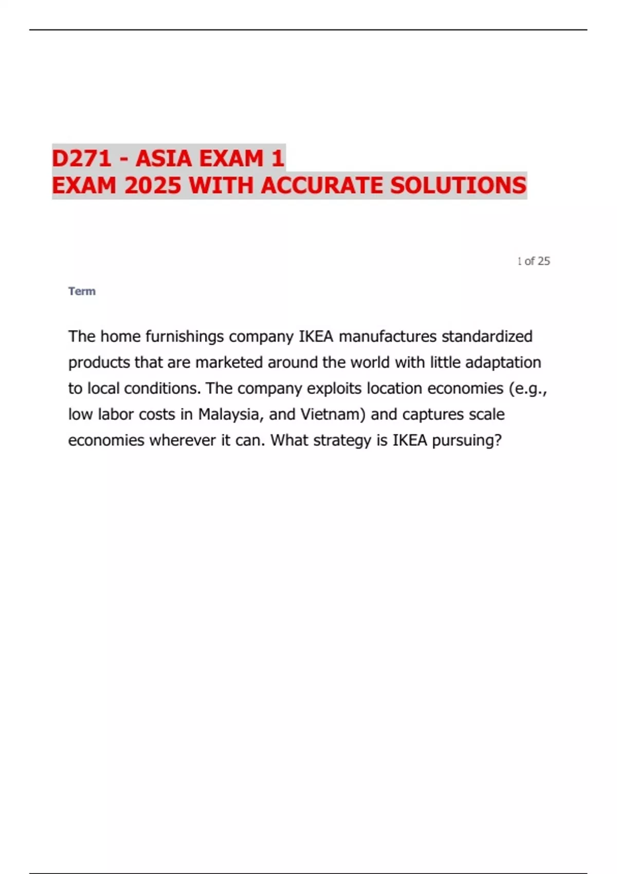 D271 - ASIA EXAM 1 EXAM 2025 WITH ACCURATE SOLUTIONS - D271 - - Stuvia US