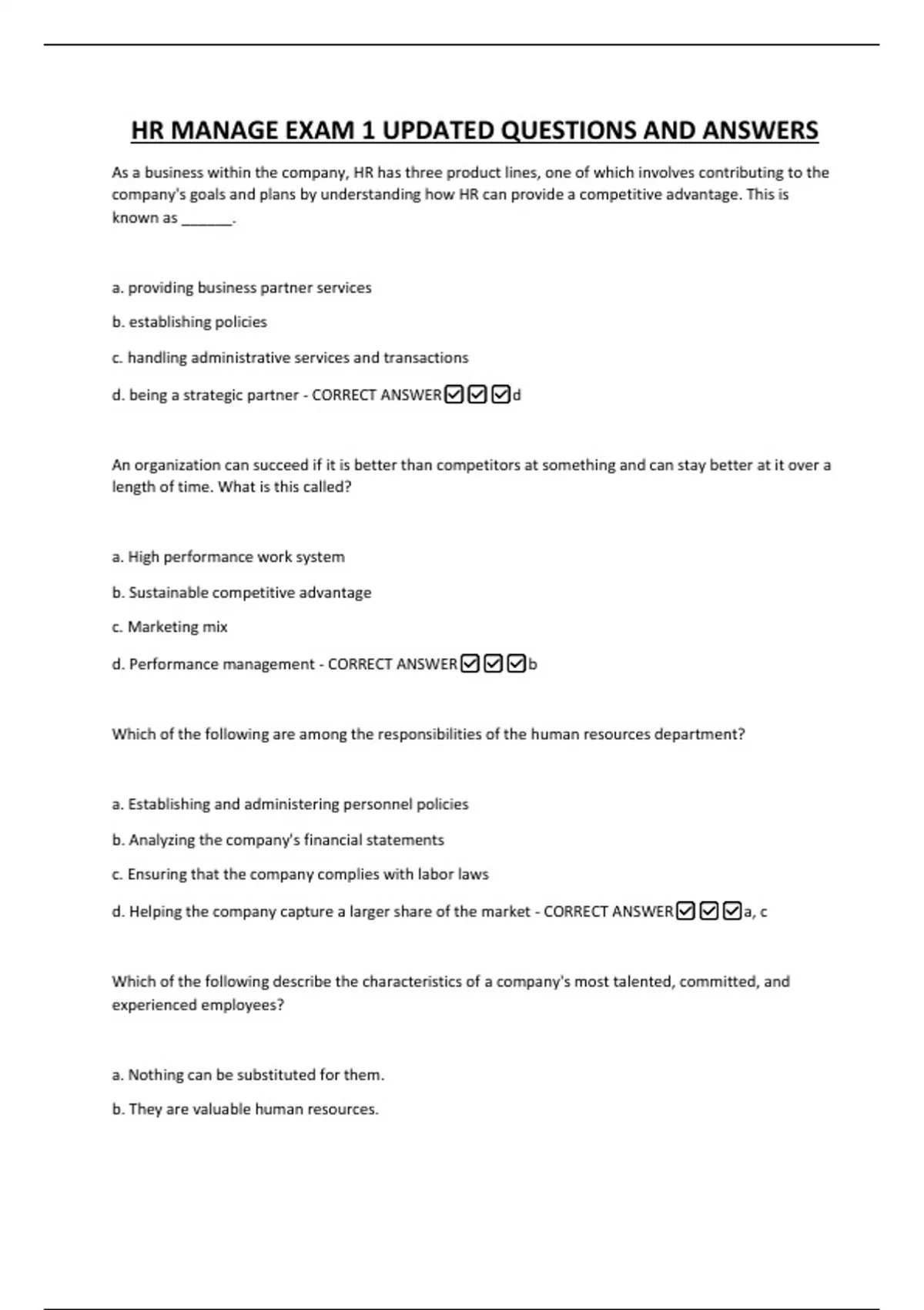 HR MANAGE EXAM 1 UPDATED QUESTIONS AND ANSWERS - HR MANAGER - Stuvia US