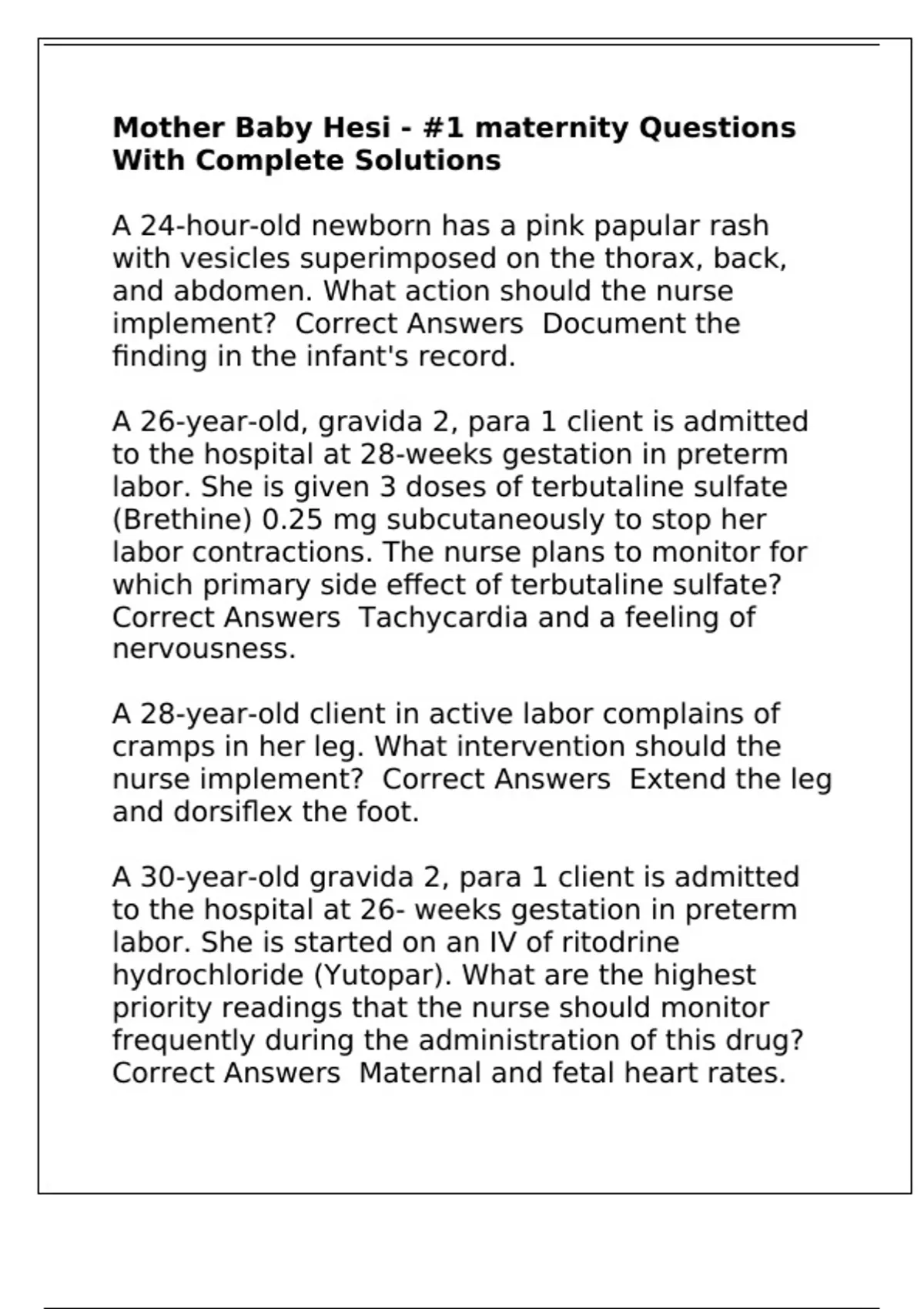 Mother Baby Hesi - #1 maternity Questions With Complete Solutions ...