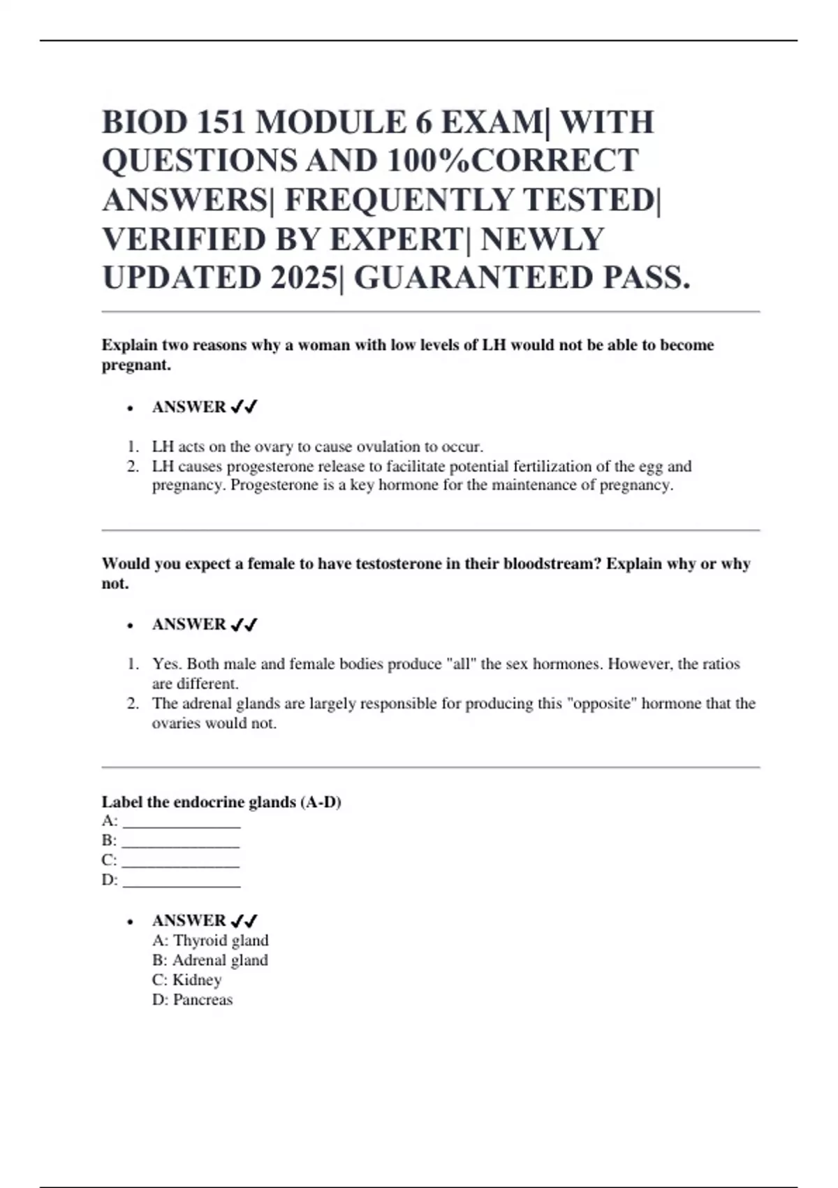 BIOD 151 MODULE 6 EXAM| WITH QUESTIONS AND 100%CORRECT ANSWERS ...