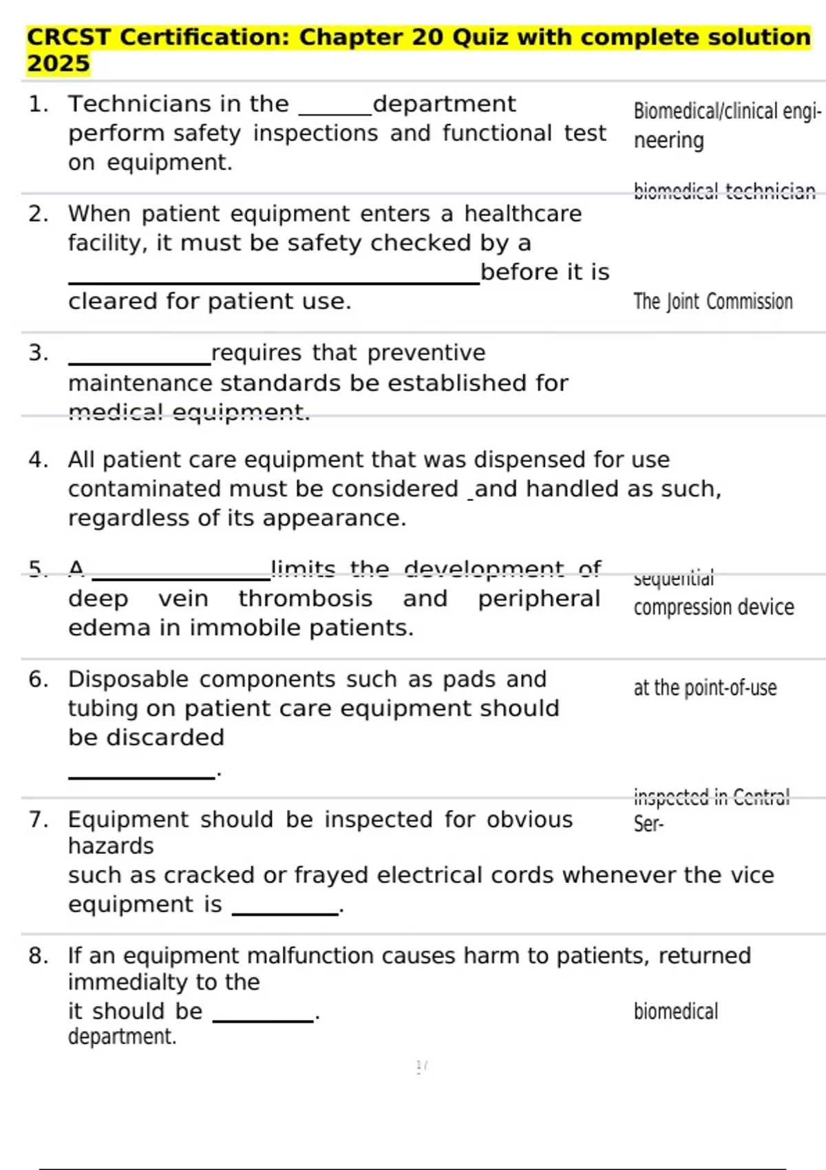 CRCST Certification: Chapter 20 Quiz with complete solution 2025 ...
