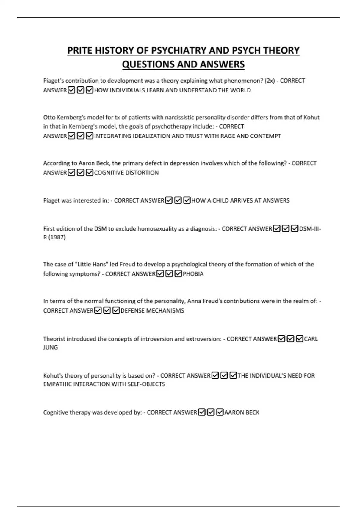 PRITE HISTORY OF PSYCHIATRY AND PSYCH THEORY QUESTIONS AND ANSWERS ...