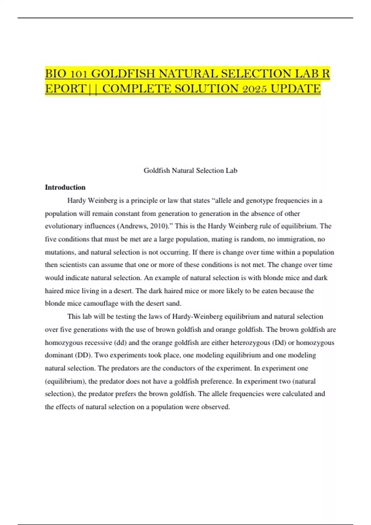 BIO 101 GOLDFISH NATURAL SELECTION LAB REPORT|| COMPLETE SOLUTION 2025 ...