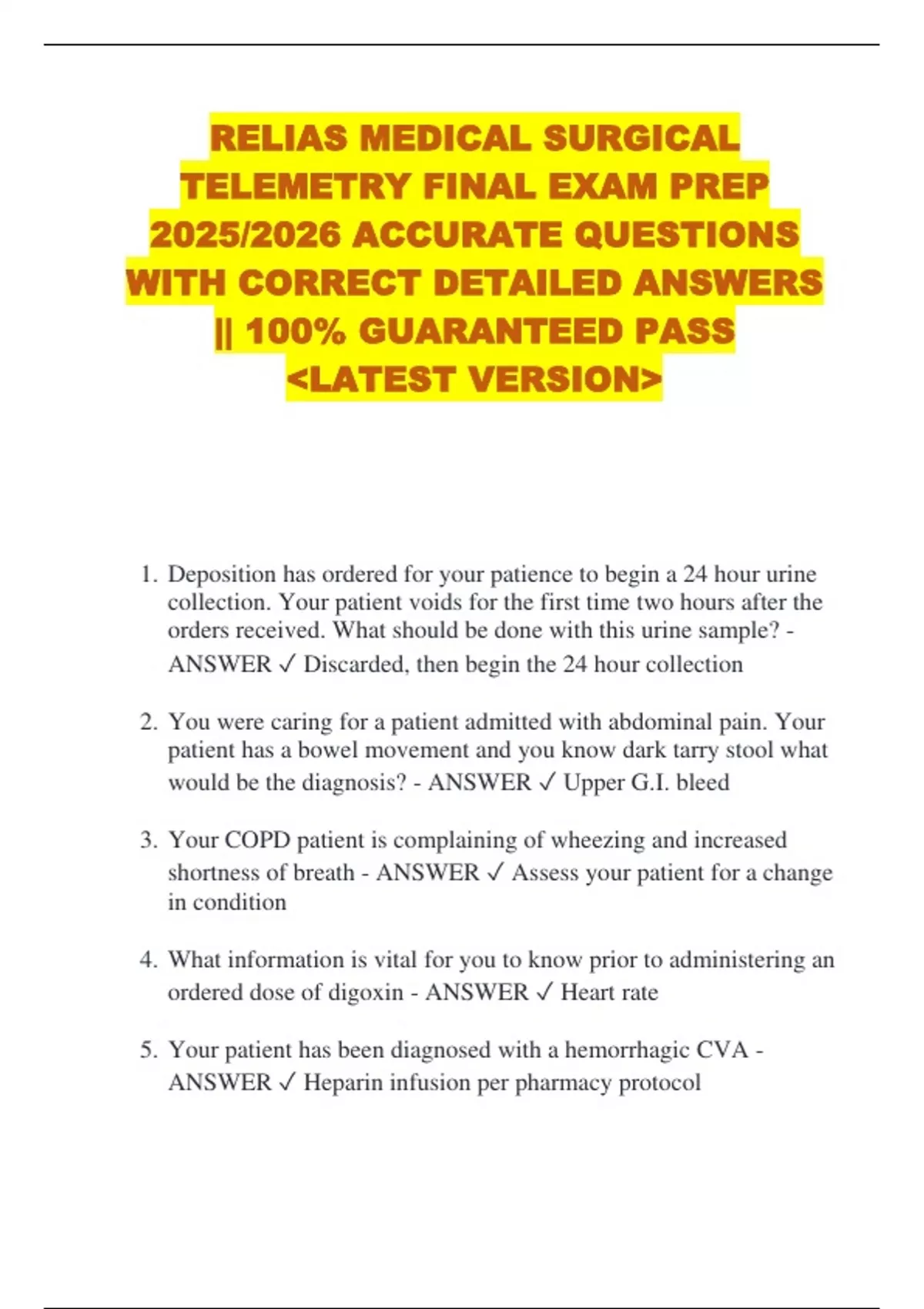 RELIAS MEDICAL SURGICAL TELEMETRY FINAL EXAM PREP 2025/2026 ACCURATE ...