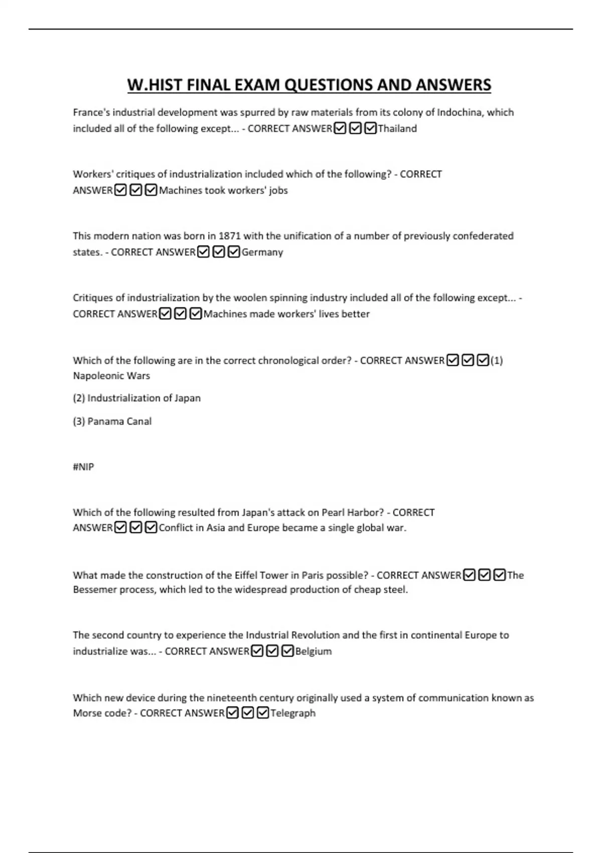W.HIST FINAL EXAM QUESTIONS AND ANSWERS - W.HIST - Stuvia US