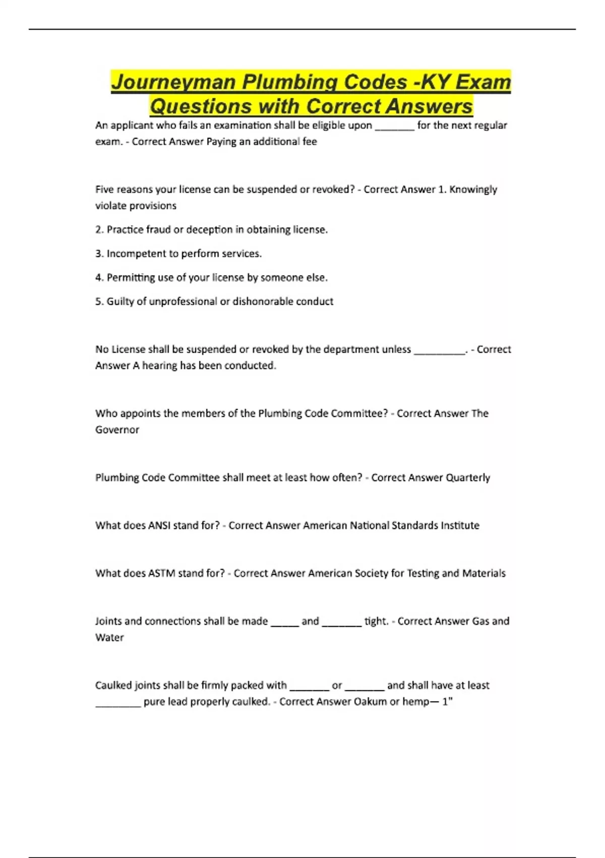 Journeyman Plumbing Codes -KY Exam Questions with Correct Answers ...