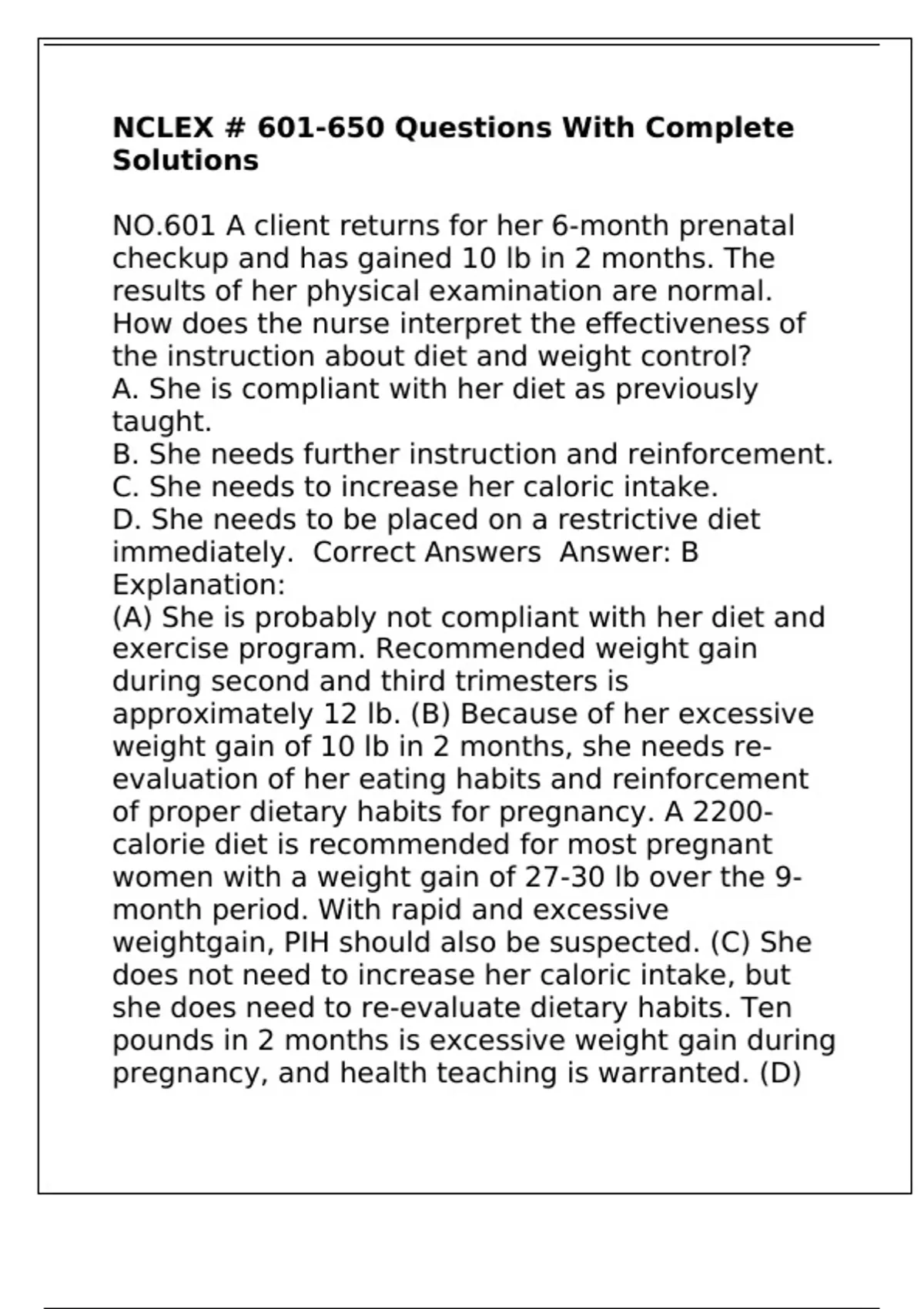 NCLEX # 601-650 Questions With Complete Solutions - Nclex - Stuvia US