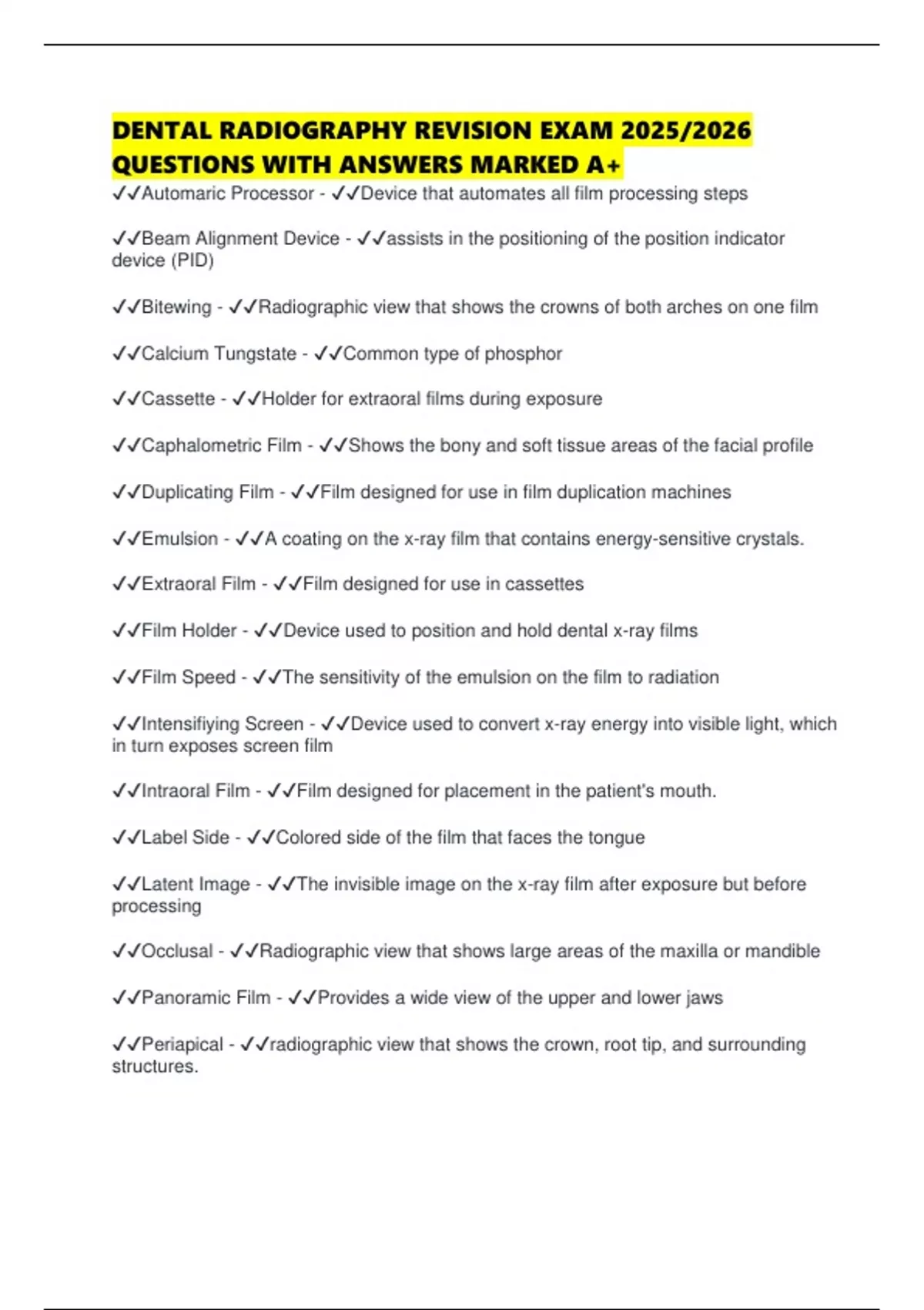 DENTAL RADIOGRAPHY REVISION EXAM 2025/2026 QUESTIONS WITH ANSWERS ...