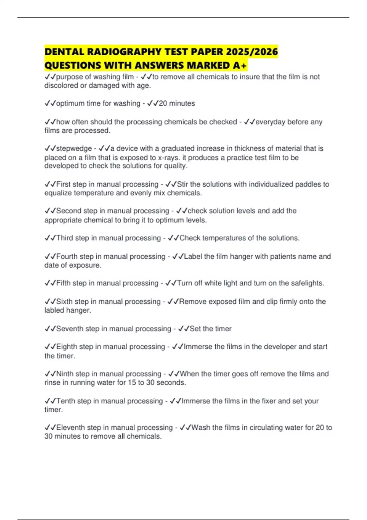 DENTAL RADIOGRAPHY TEST PAPER 2025/2026 QUESTIONS WITH ANSWERS MARKED ...