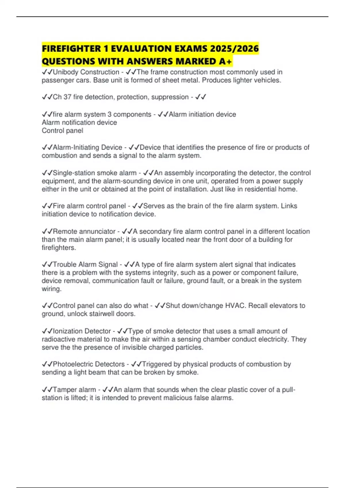 FIREFIGHTER 1 EVALUATION EXAMS 2025/2026 QUESTIONS WITH ANSWERS MARKED ...