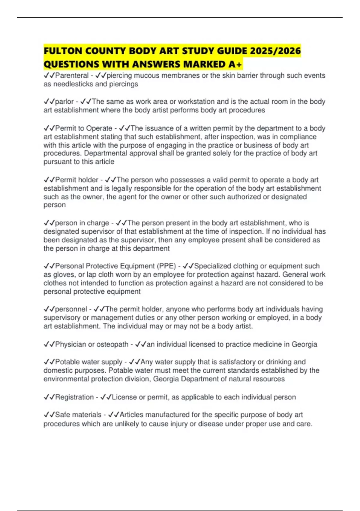FULTON COUNTY BODY ART STUDY GUIDE 2025/2026 QUESTIONS WITH ANSWERS ...