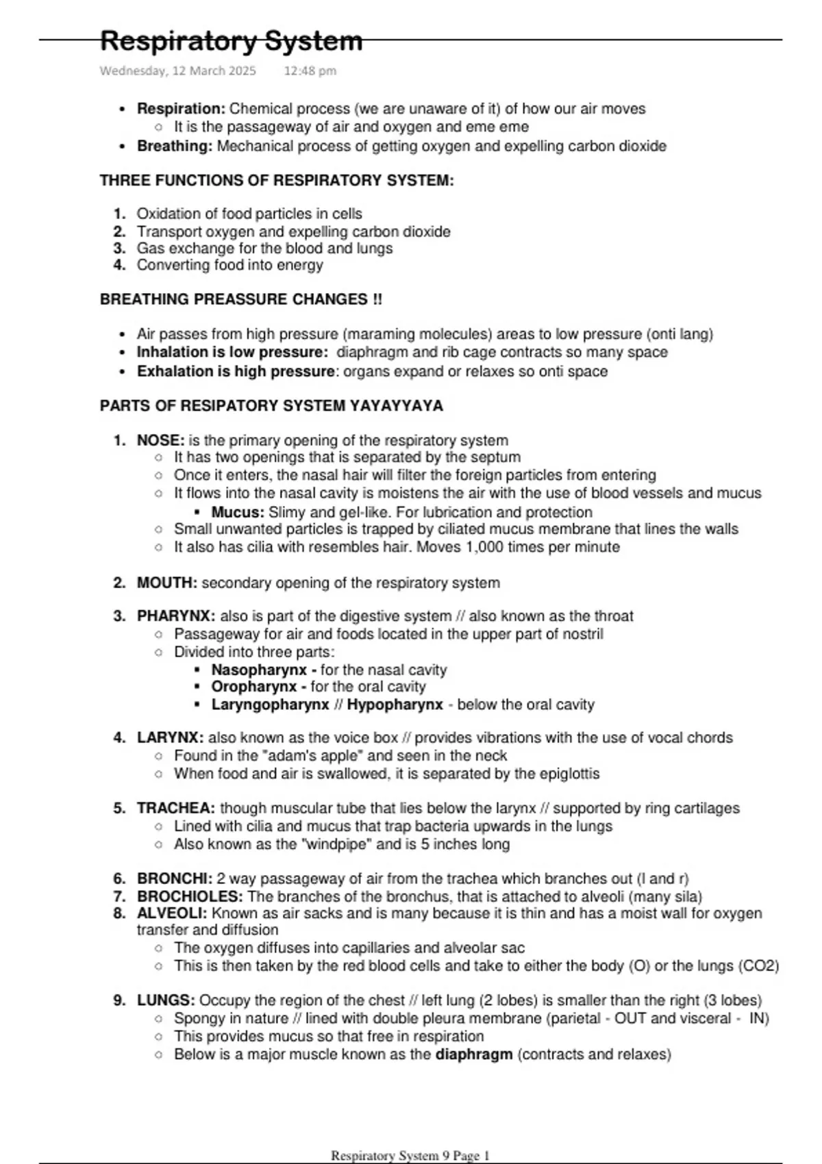 Summary Biology | Respiratory System | Grade 10 - 4th Year | Human ...