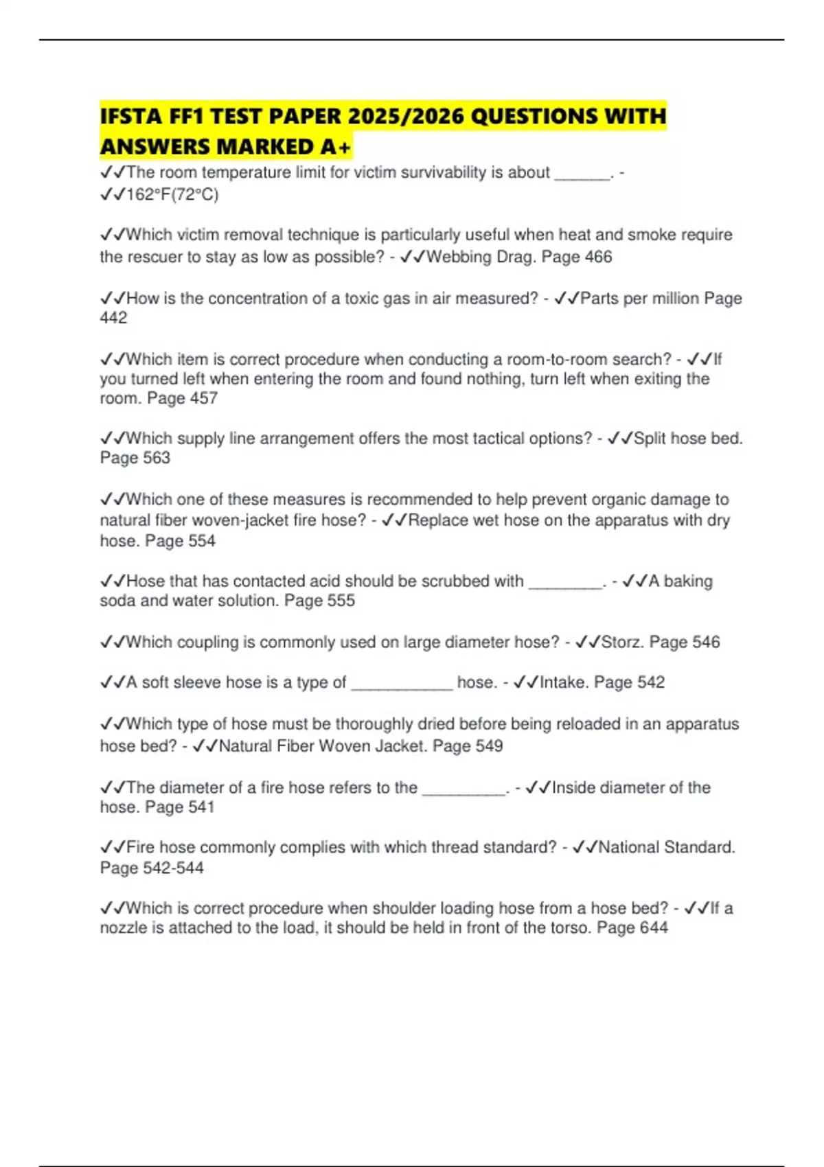 IFSTA FF1 TEST PAPER 2025/2026 QUESTIONS WITH ANSWERS MARKED A+ - Ifsta ...