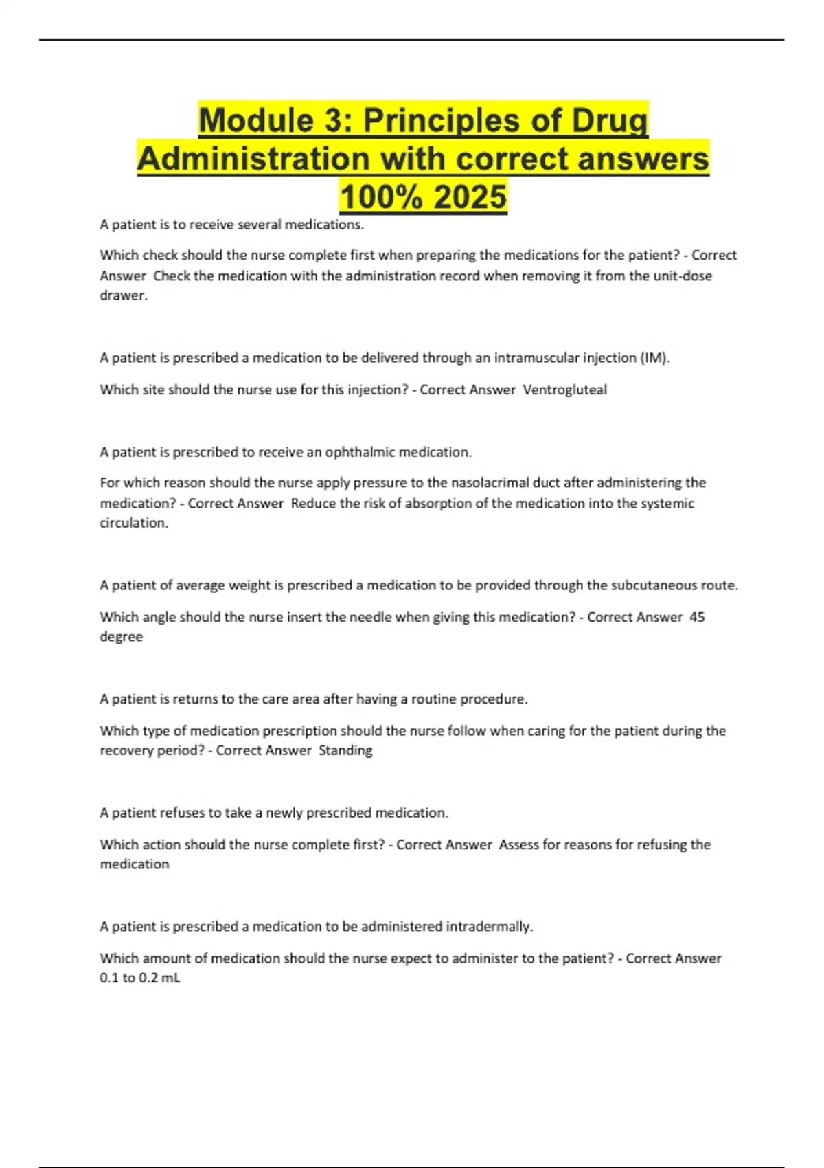 Module 3: Principles of Drug Administration with correct answers 100% ...