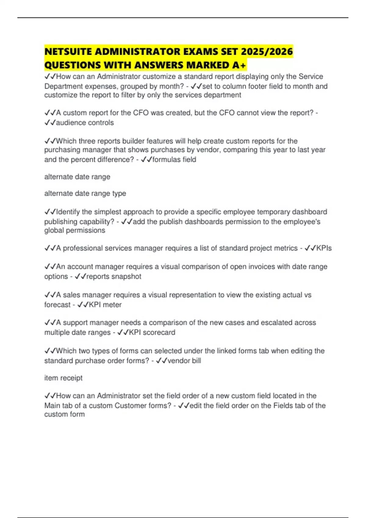 NETSUITE ADMINISTRATOR EXAMS SET 2025/2026 QUESTIONS WITH ANSWERS ...