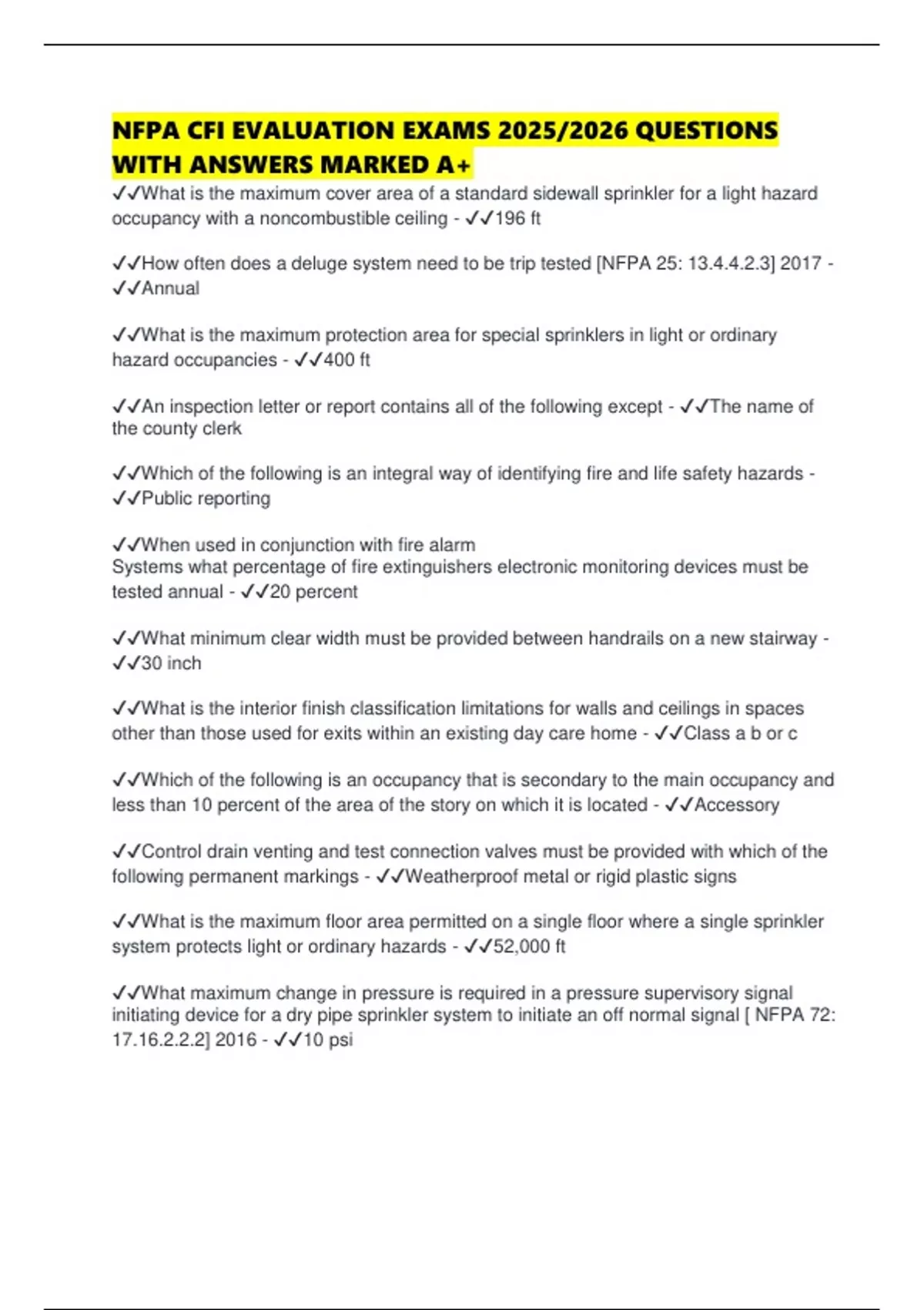 NFPA CFI EVALUATION EXAMS 2025/2026 QUESTIONS WITH ANSWERS MARKED A+ ...