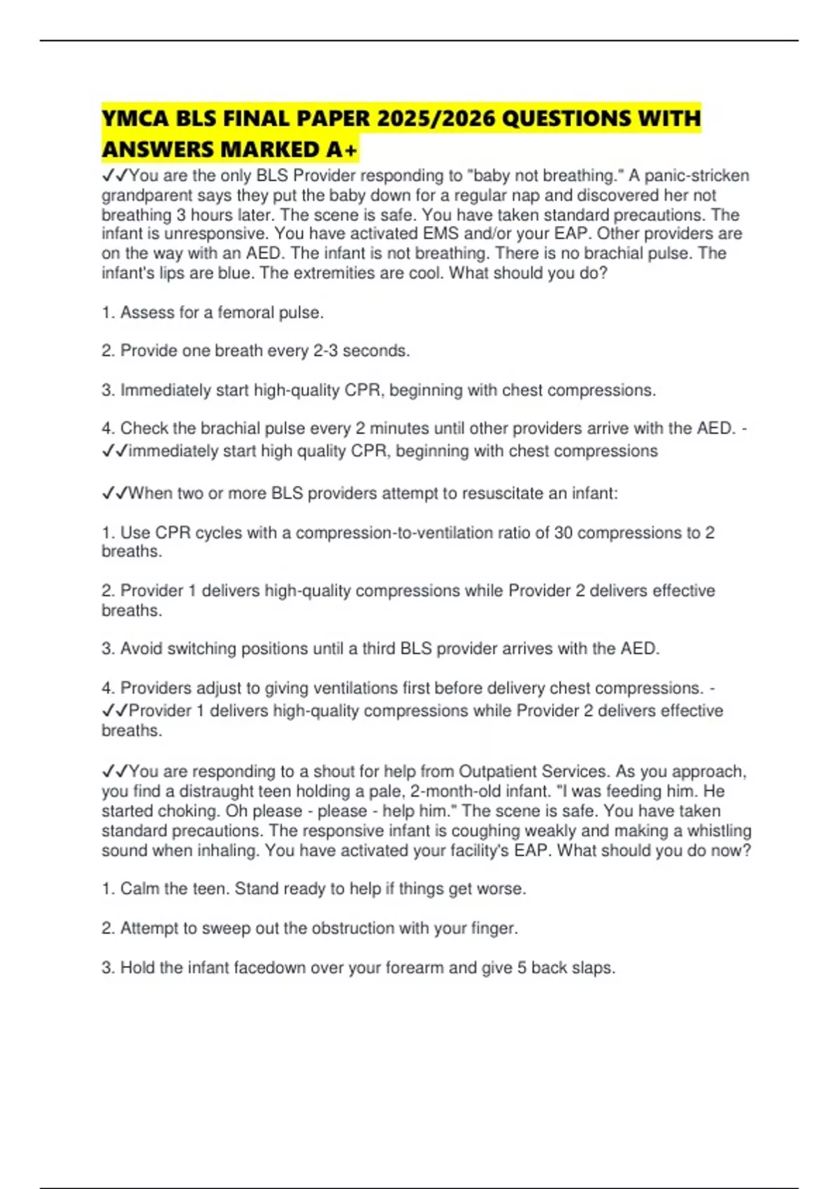 YMCA BLS FINAL PAPER 2025/2026 QUESTIONS WITH ANSWERS MARKED A+ - Ymca ...