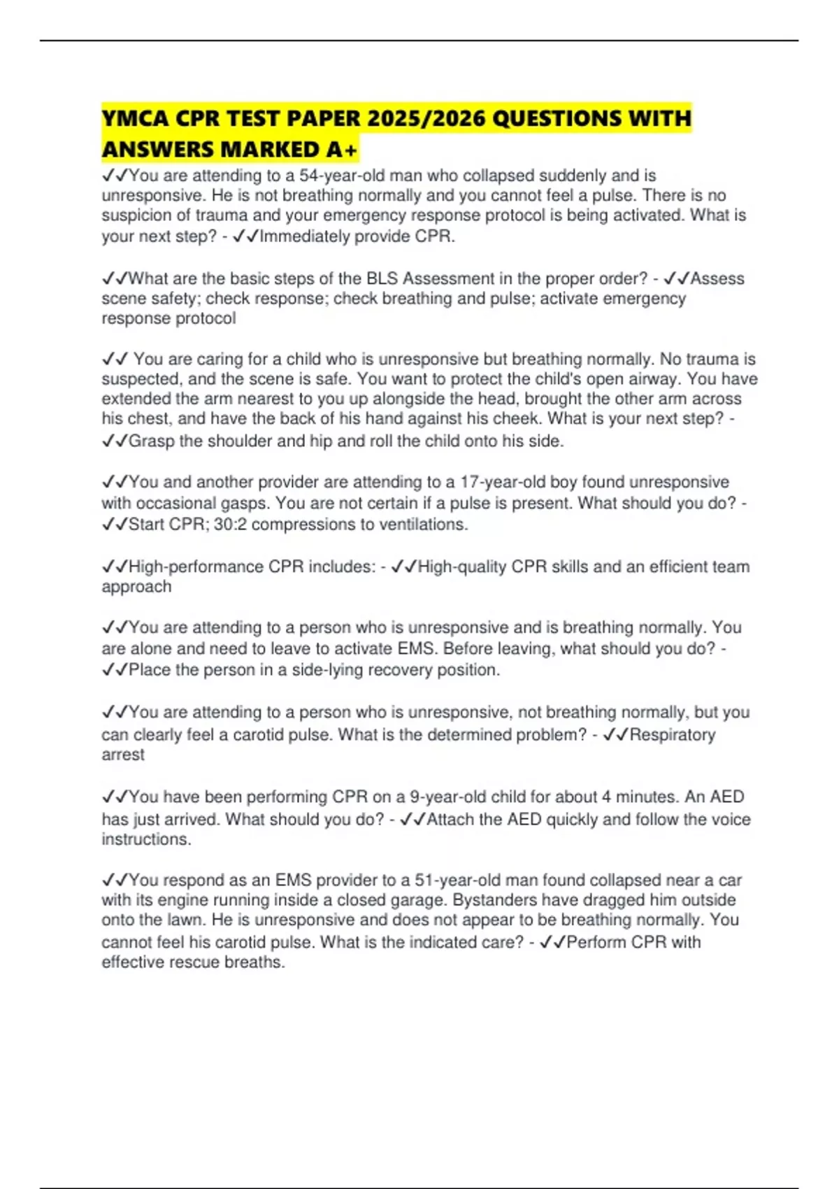 YMCA CPR TEST PAPER 2025/2026 QUESTIONS WITH ANSWERS MARKED A+ - Ymca ...