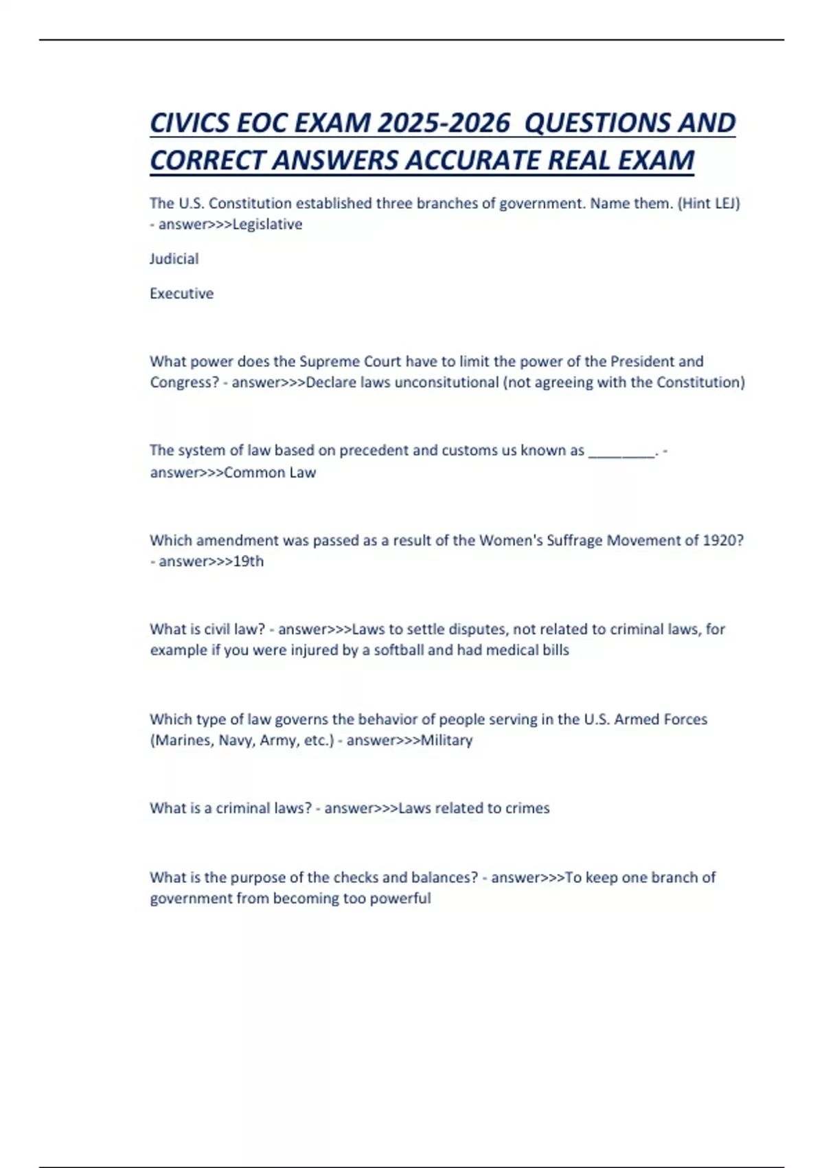 Civics EOC Exam 2025–2026 – Accurate Real Exam Questions and Verified ...