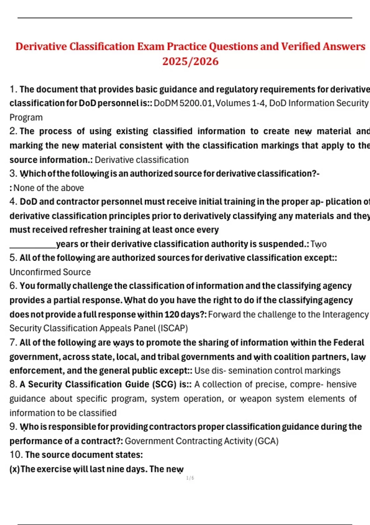Derivative Classification Exam Practice Questions And Verified Answers 2025 2026