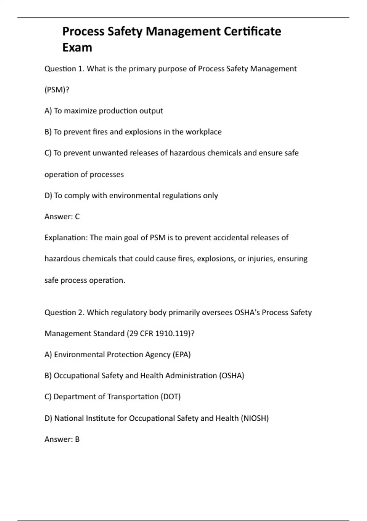 Process Safety Management Certificate Exam - Computers - Stuvia US