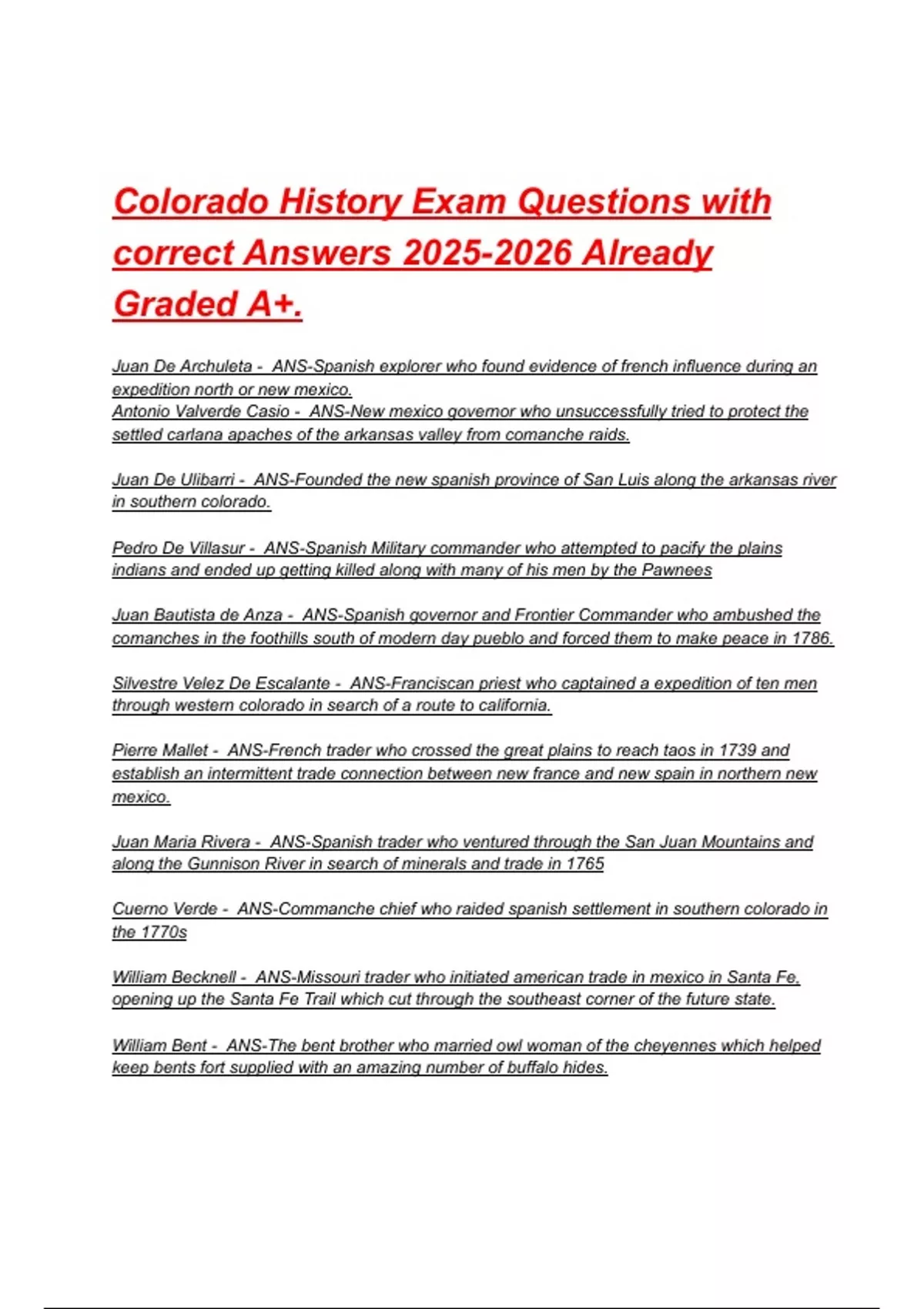 Colorado History Exam Questions with correct Answers Already Graded A+ ...