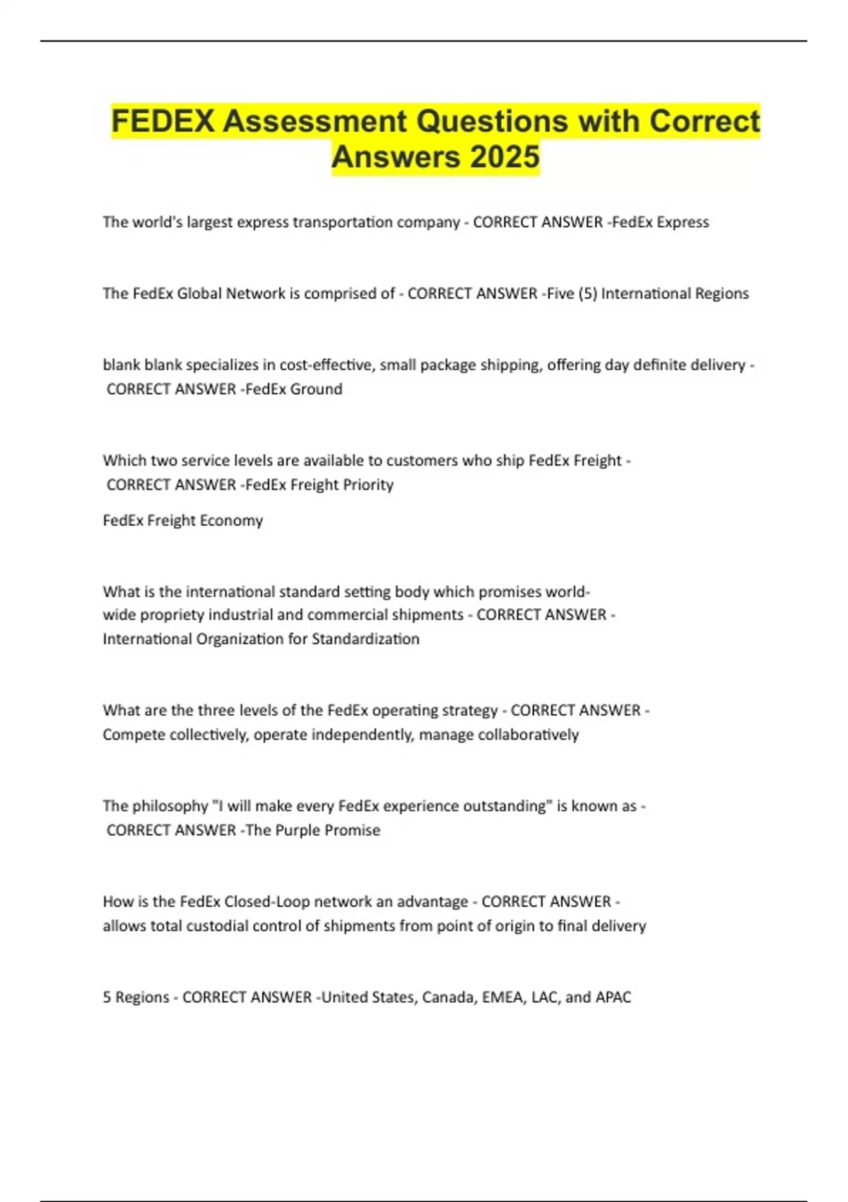 FEDEX Assessment Questions with Correct Answers 2025 - FEDEX - Stuvia US