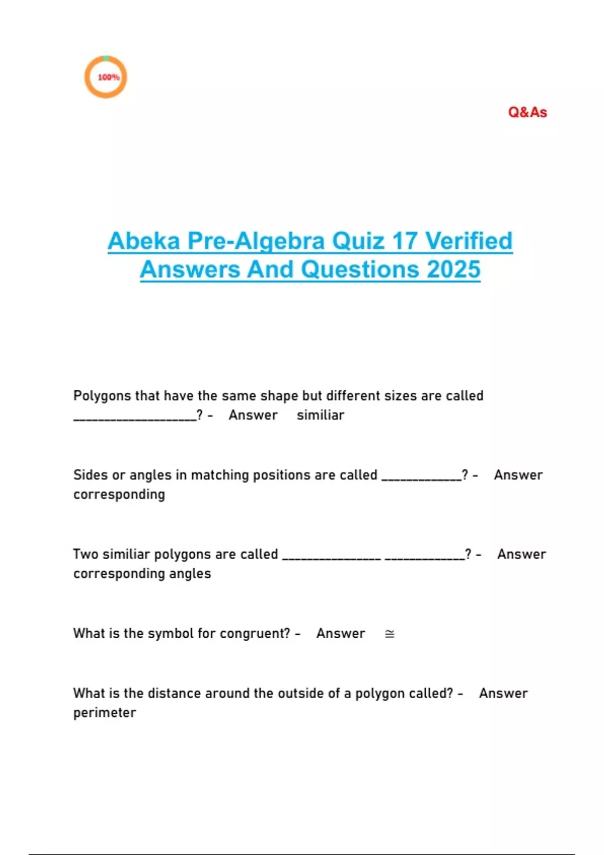 Abeka Pre-Algebra Quiz 17 Verified Answers And Questions 2025 - Pre ...