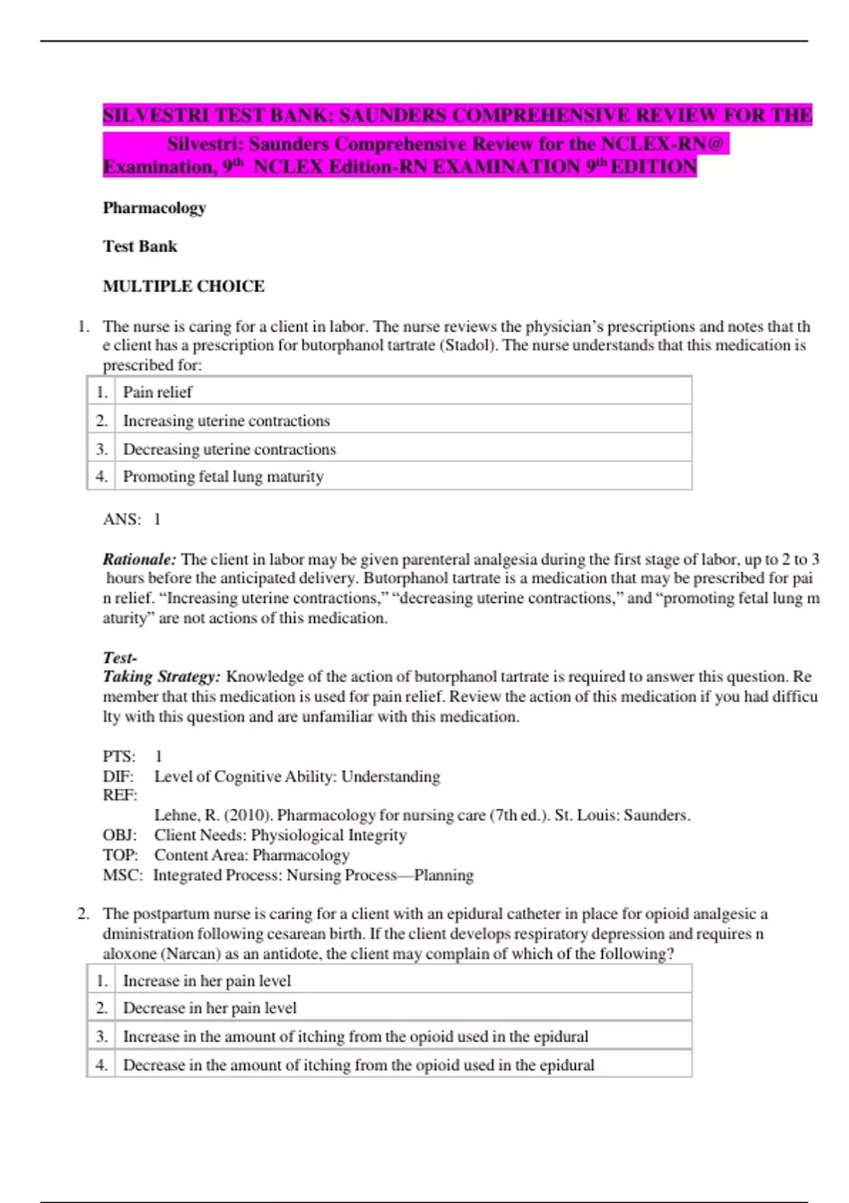 Test Bank for Saunders Comprehensive Review for the NCLEX-RN ...