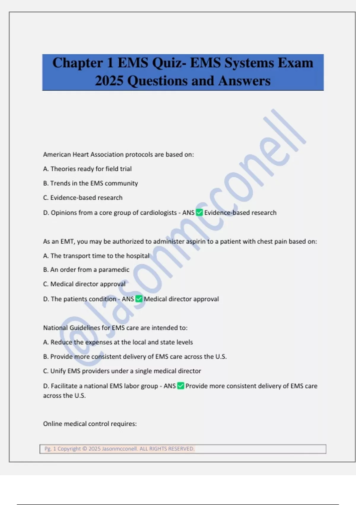 Chapter 1 EMS Quiz- EMS Systems Exam 2025 Questions and Answers - EMS ...
