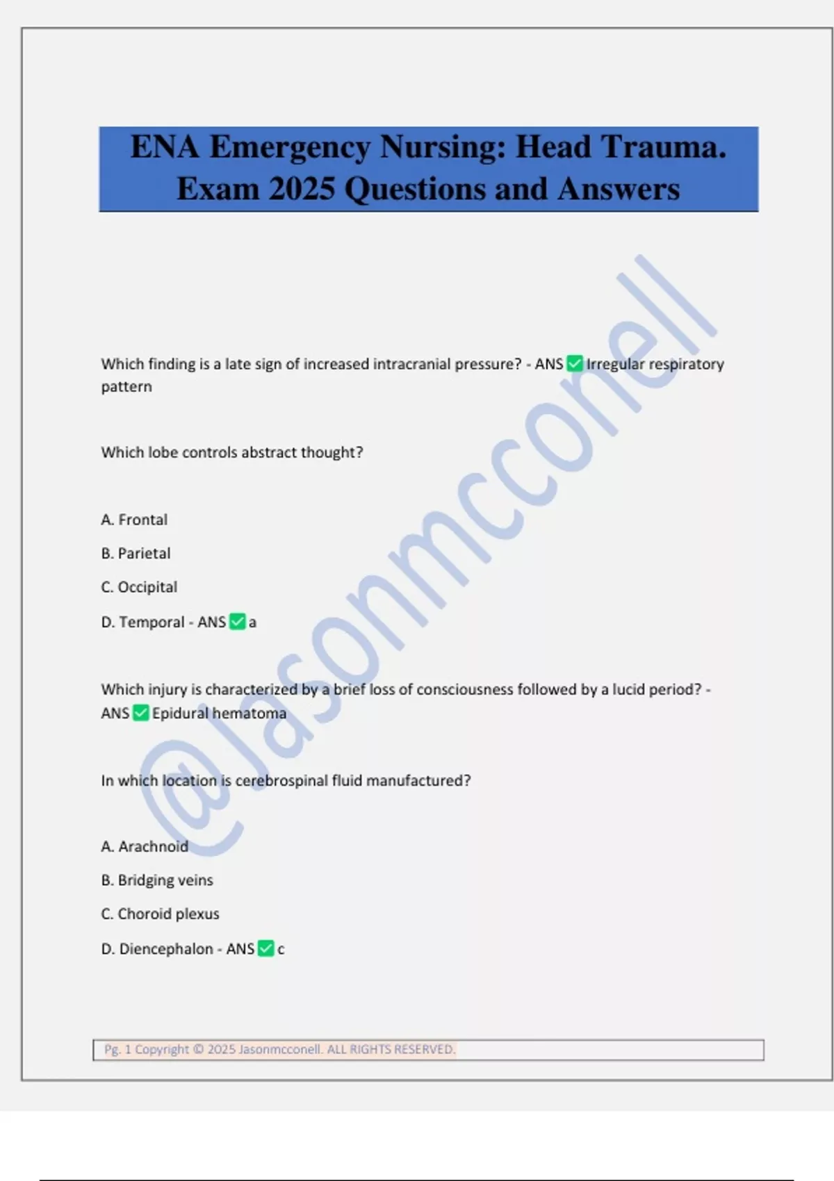 ENA Emergency Nursing: Head Trauma. Exam 2025 Questions and Answers - ENA-ENO - Stuvia US