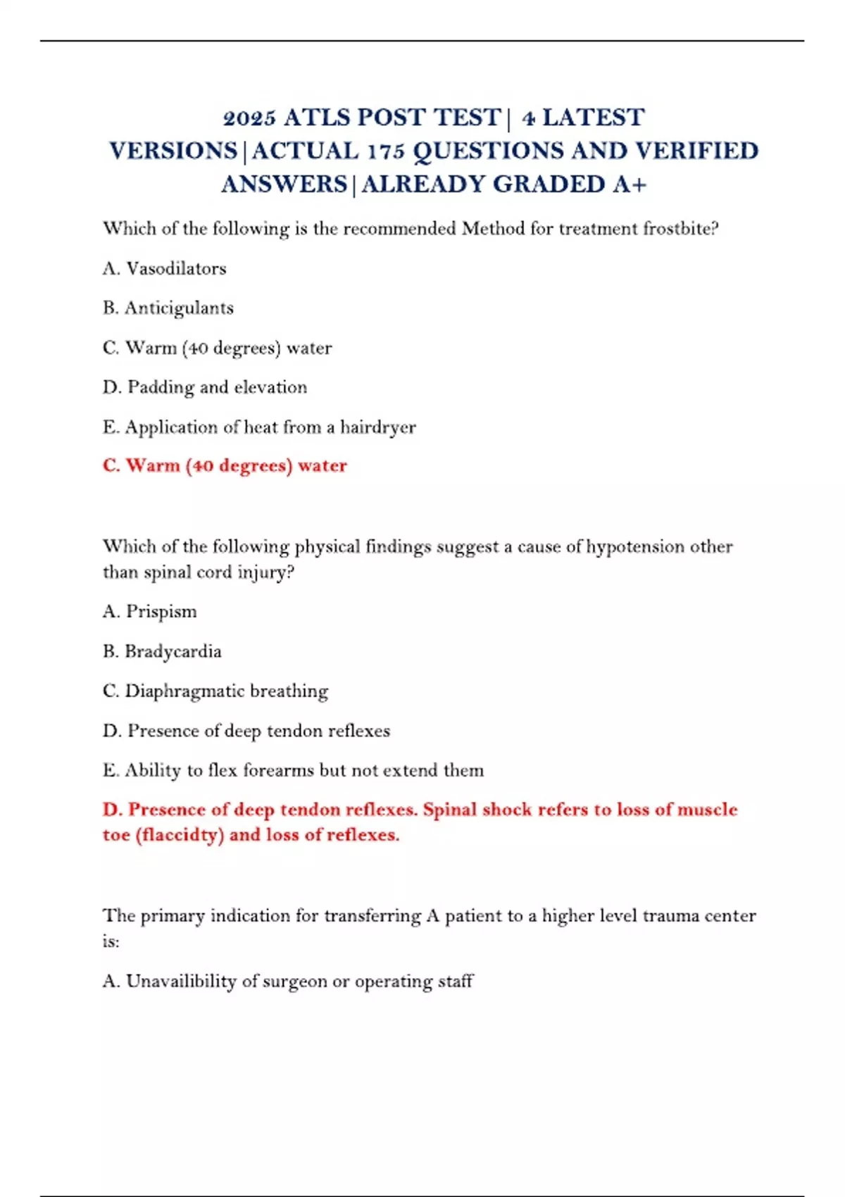 2025 ATLS POST TEST| 4 LATEST VERSIONS|ACTUAL 175 QUESTIONS AND ...