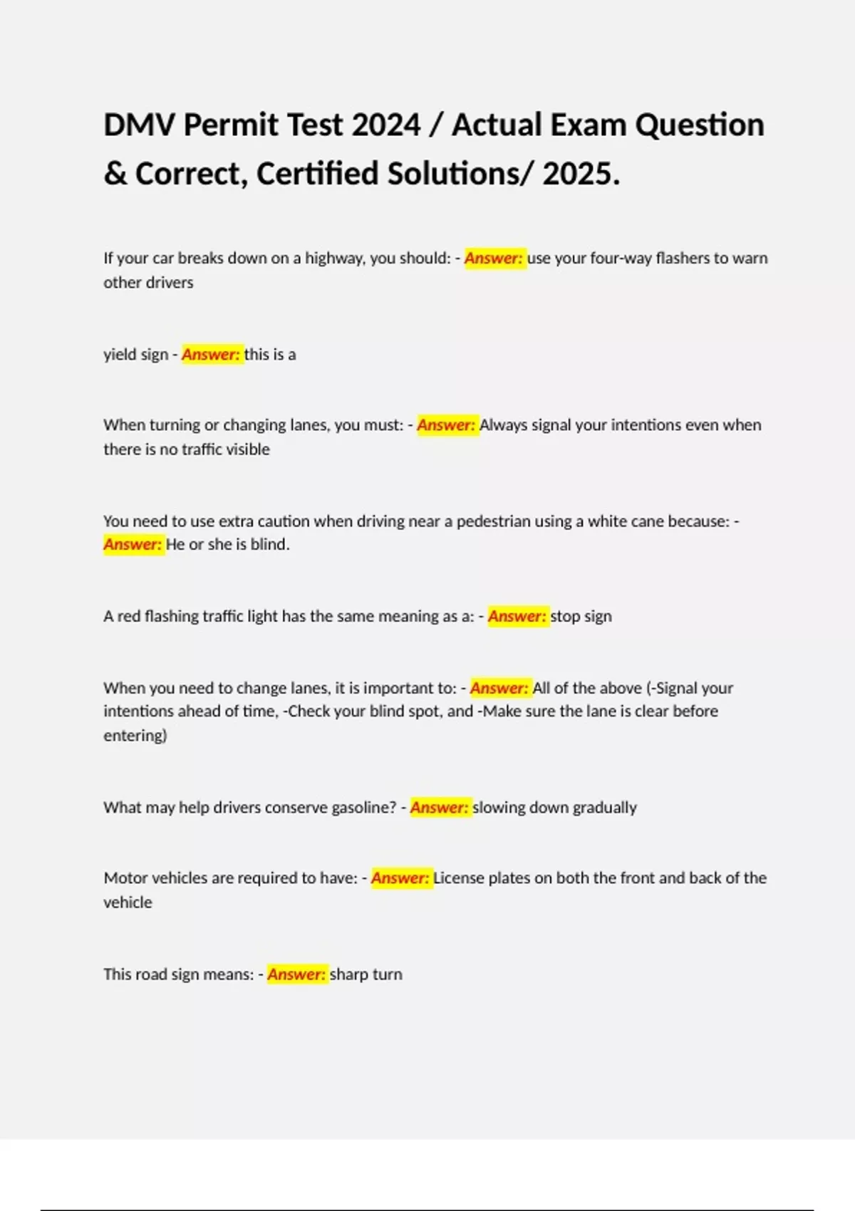 DMV Permit Test 2024 / Actual Exam Question & Correct, Certified ...