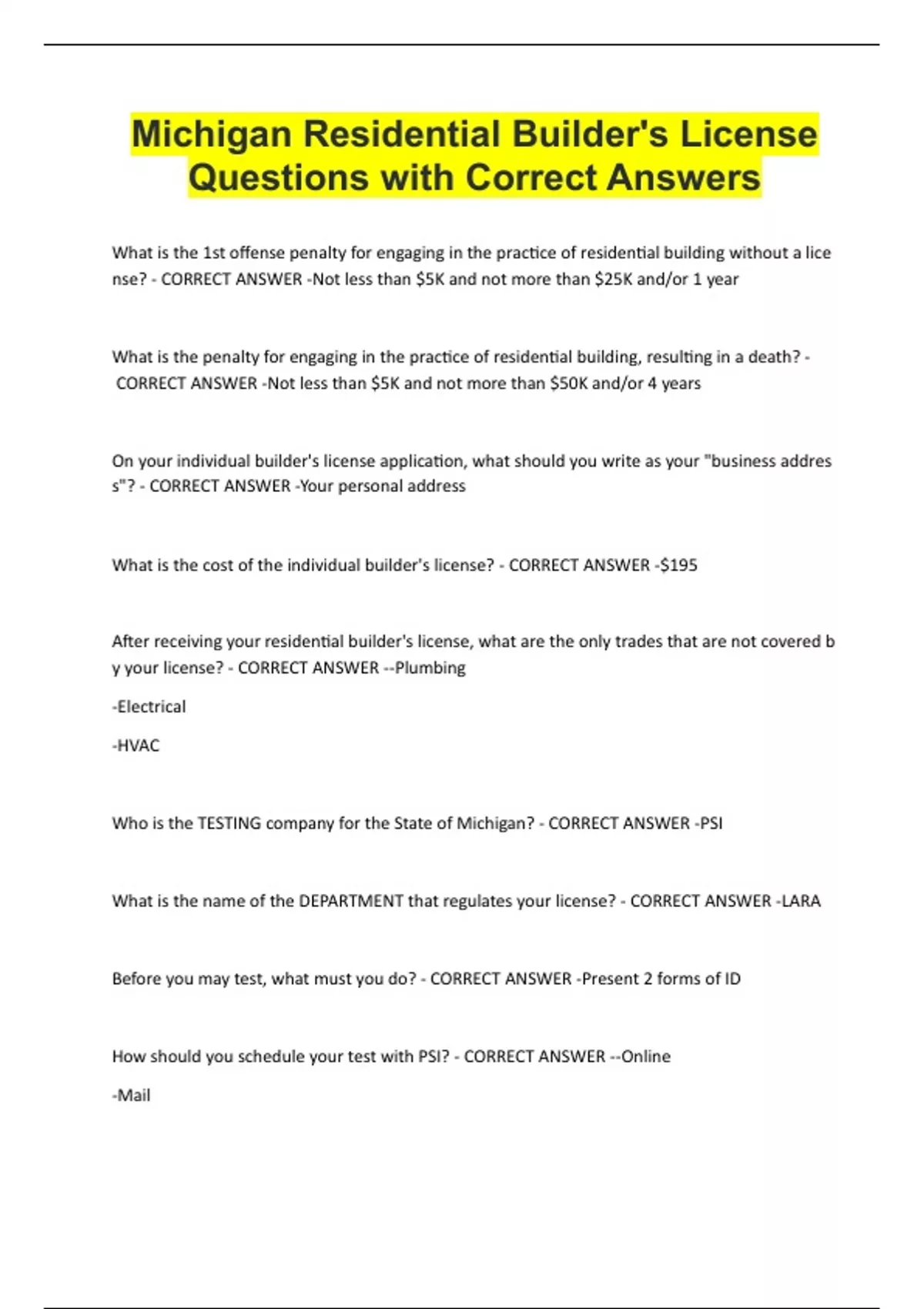 Michigan Residential Builder-s License Questions with Correct Answers ...