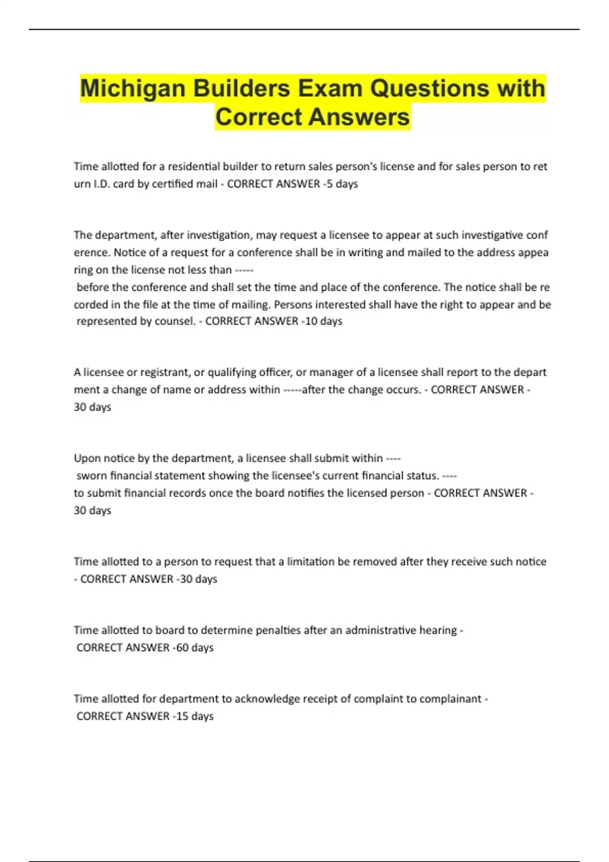 Michigan Builders Exam Questions with Correct Answers - Michigan ...